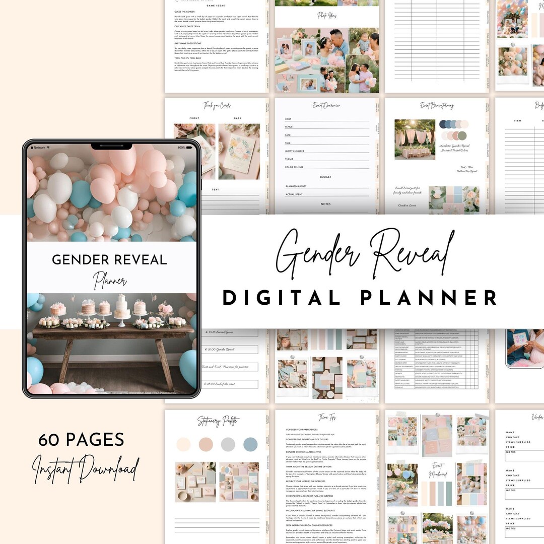 Digital Gender Reveal Planner | 60-page Hyperlinked PDF | Editable ...