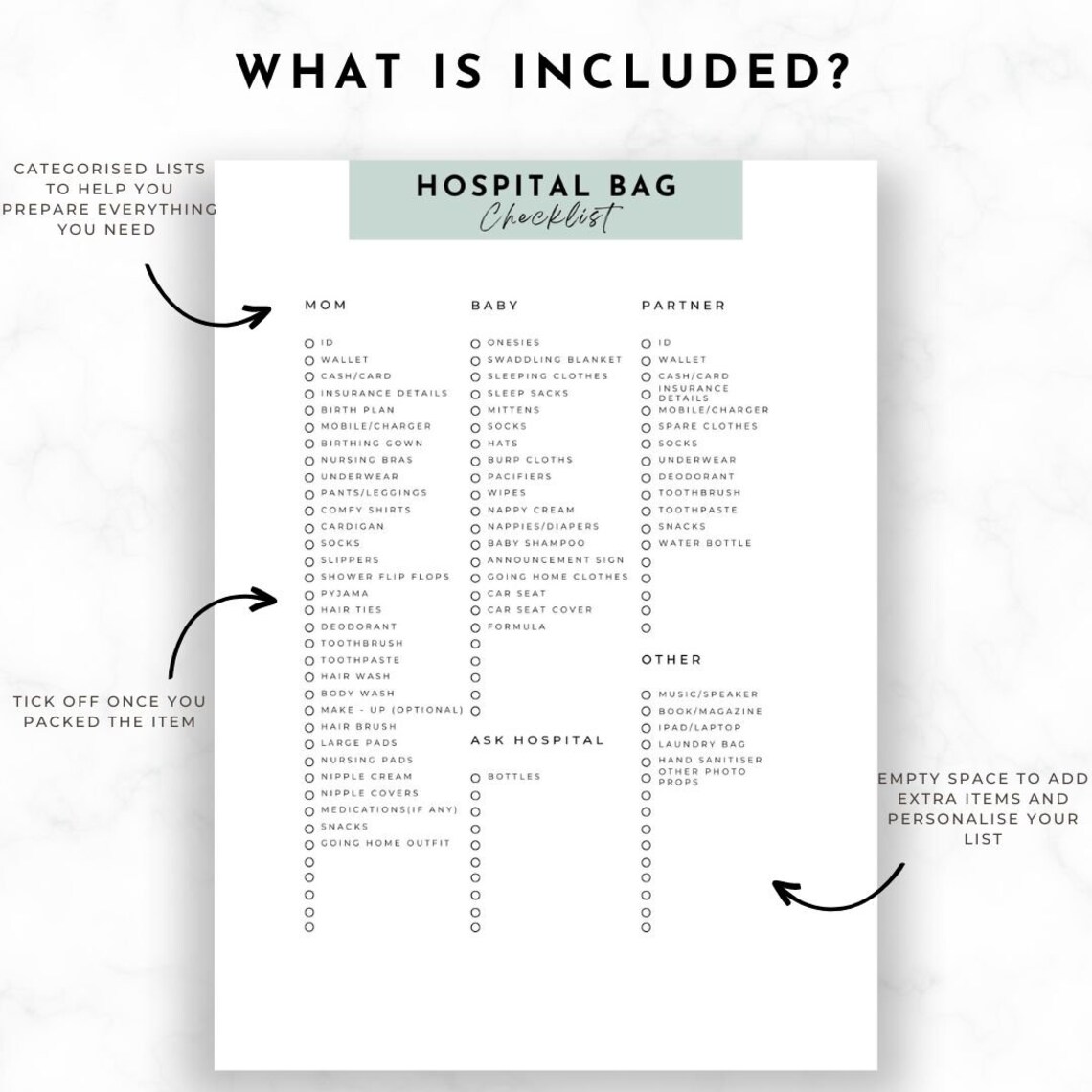 Hospital Bag Checklist Printable, Birth Bag Packing List, Pregnancy ...