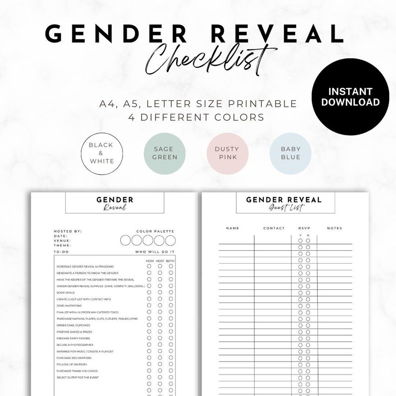 Gender Reveal Checklist Printable Gender Reveal Planner - Etsy