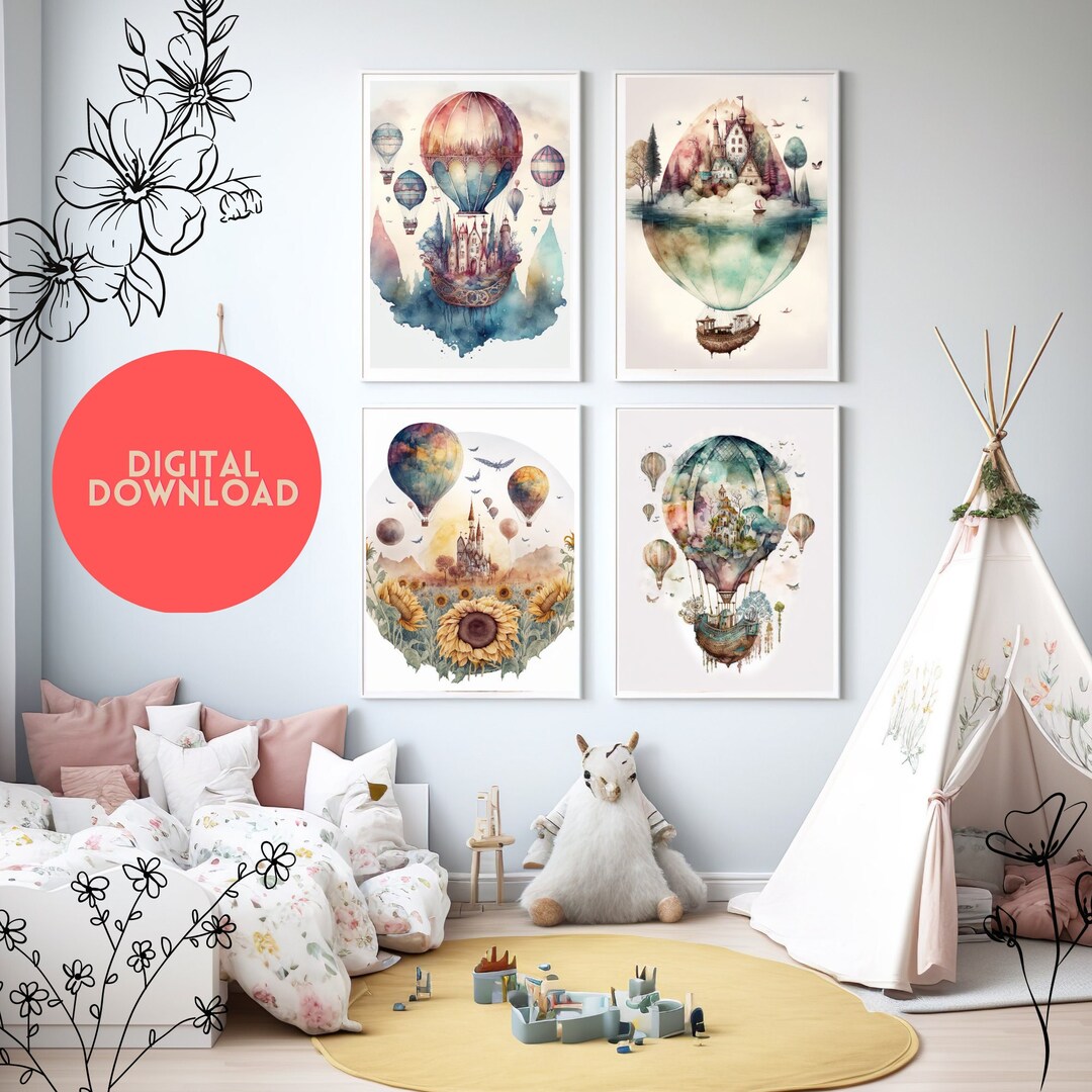 Digital Poster Set of 4 Balloons Digital Art Hot Air Balloon Sunflower ...