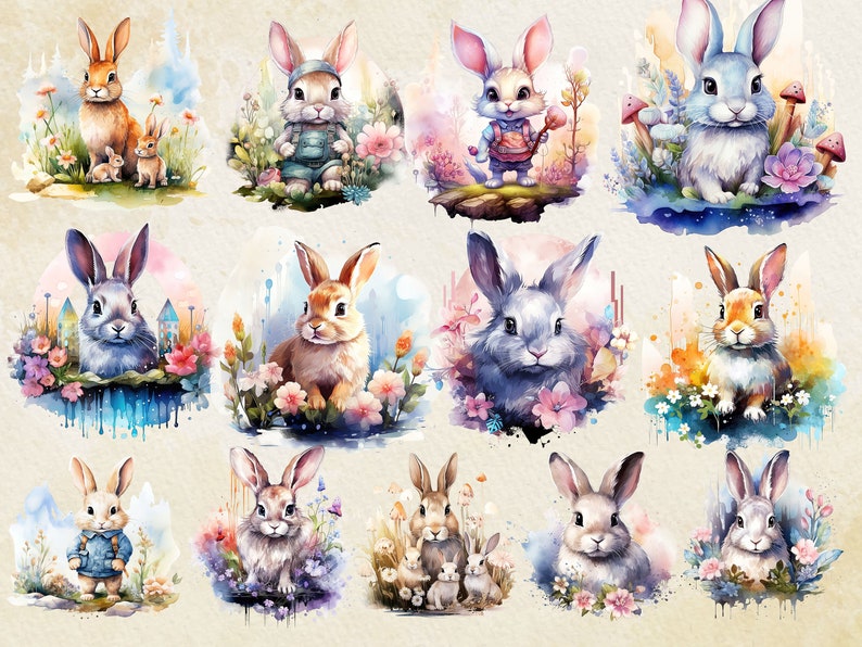 Watercolor Bunny Clipart Bundle 100 Png's, Adorable Rabbits, Cute Bunny ...