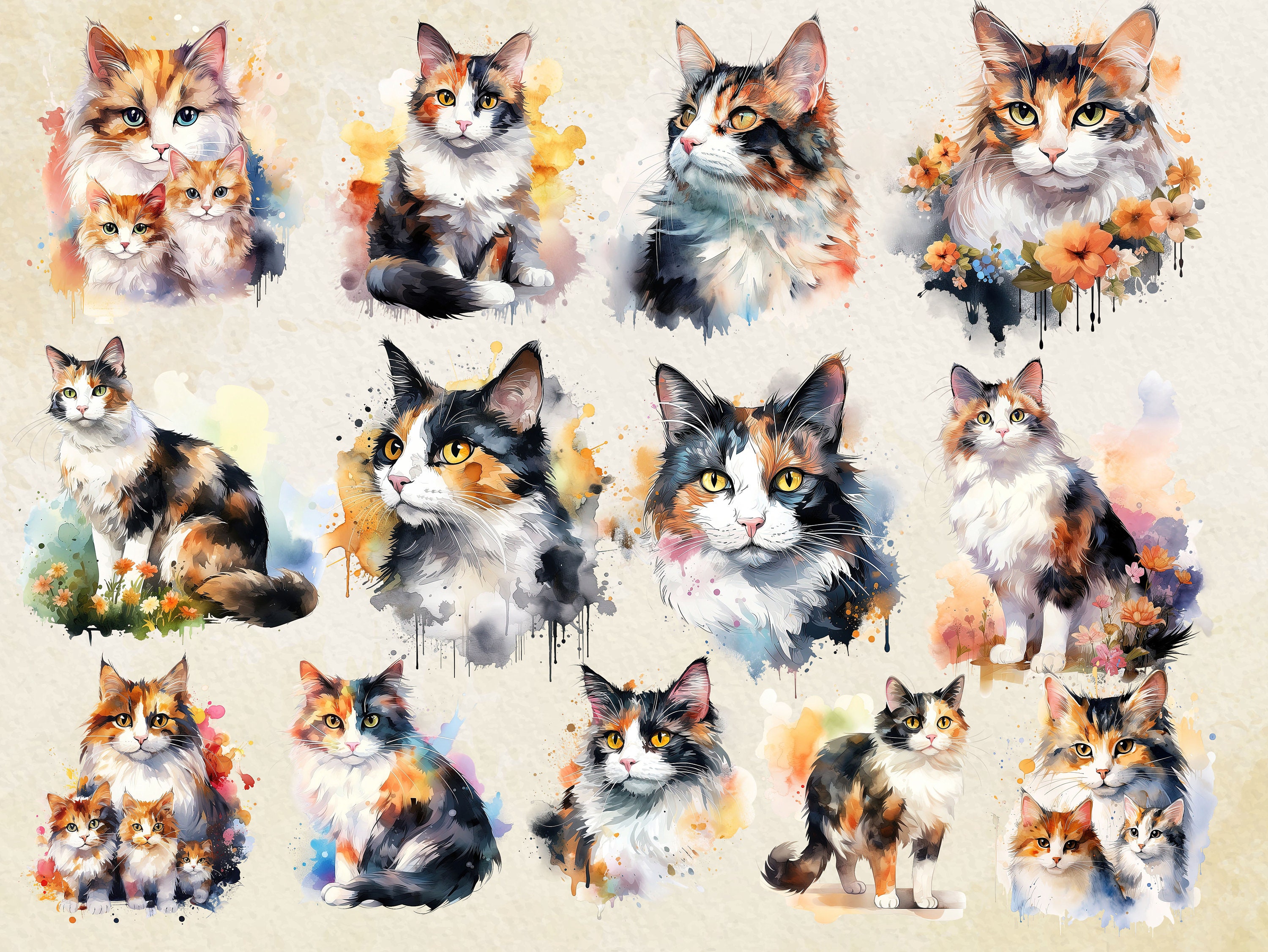 Watercolor Calico Cat Clipart Bundle 100 Png's, Animal Clipart, Cat ...