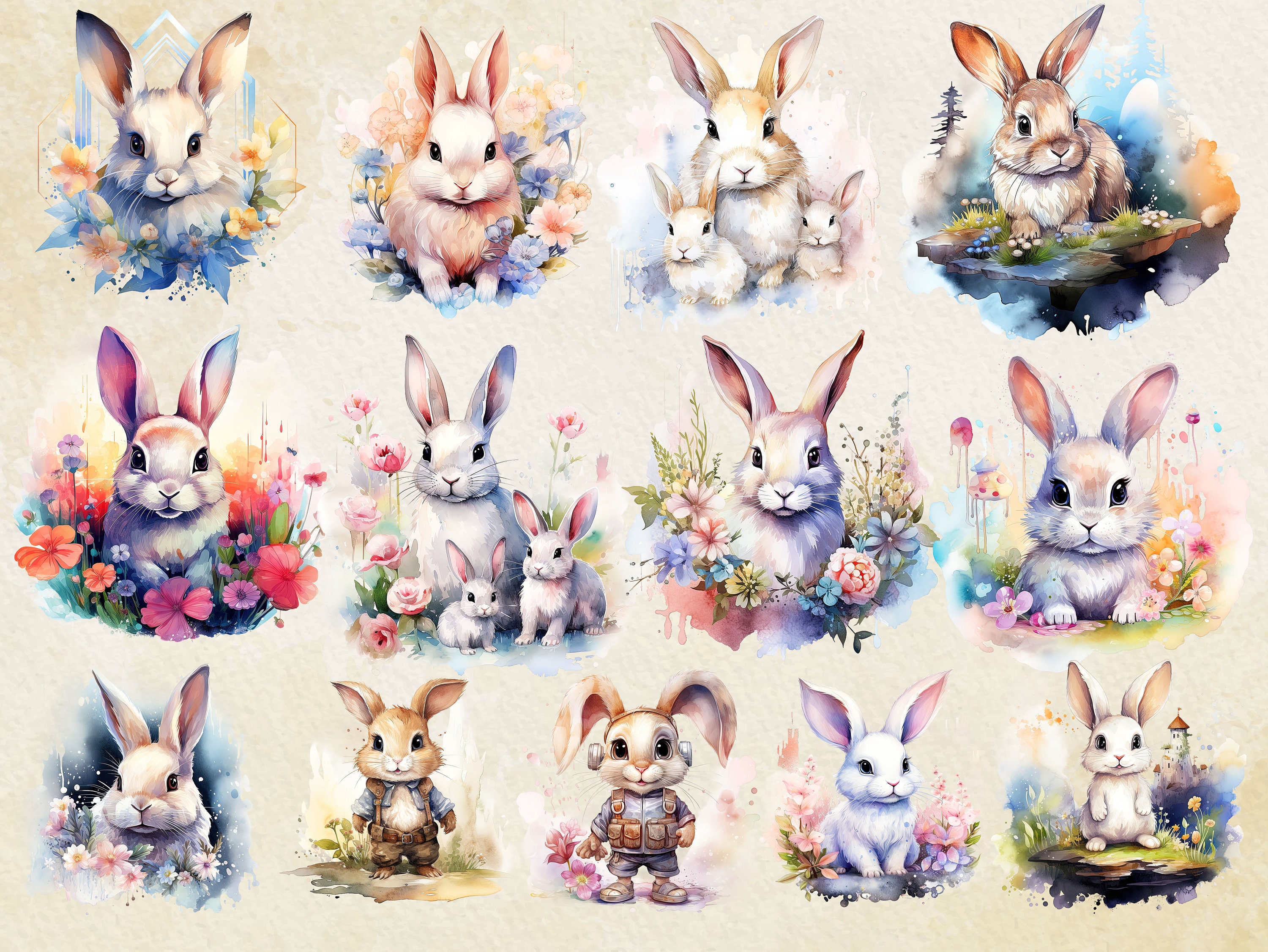 Watercolor Bunny Clipart Bundle 100 Png's, Adorable Rabbits, Cute Bunny ...
