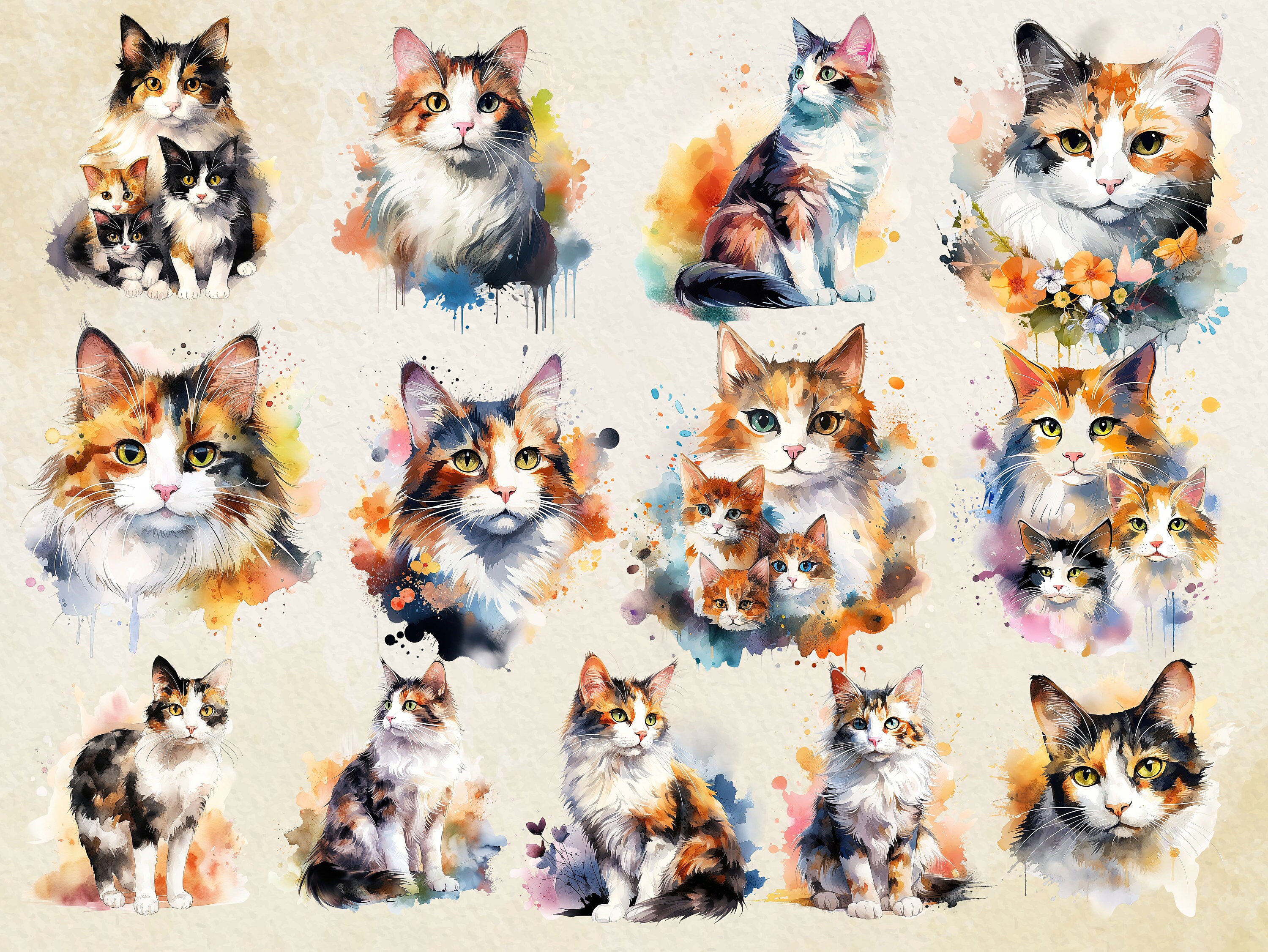 Watercolor Calico Cat Clipart Bundle 100 Png's, Animal Clipart, Cat ...