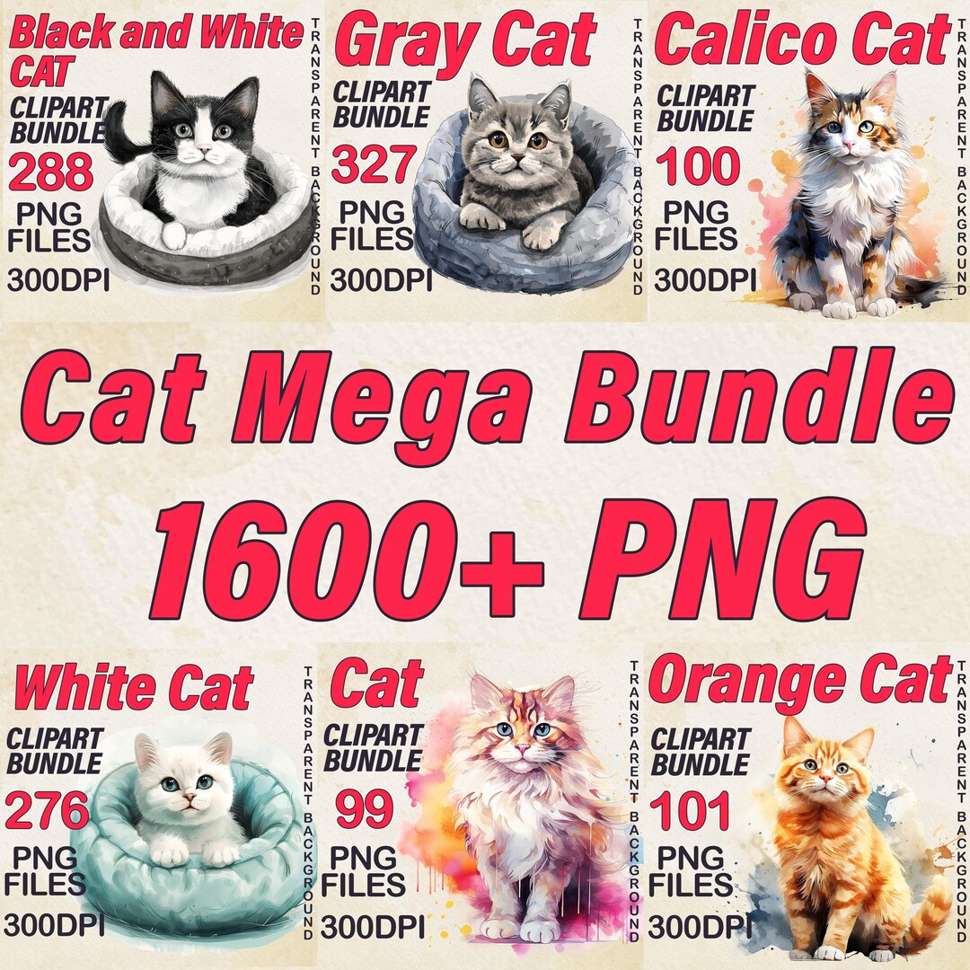 Cat Mega Clipart Bundle - 1,600+ Png's, Watercolor Cats, Cute Kitten ...
