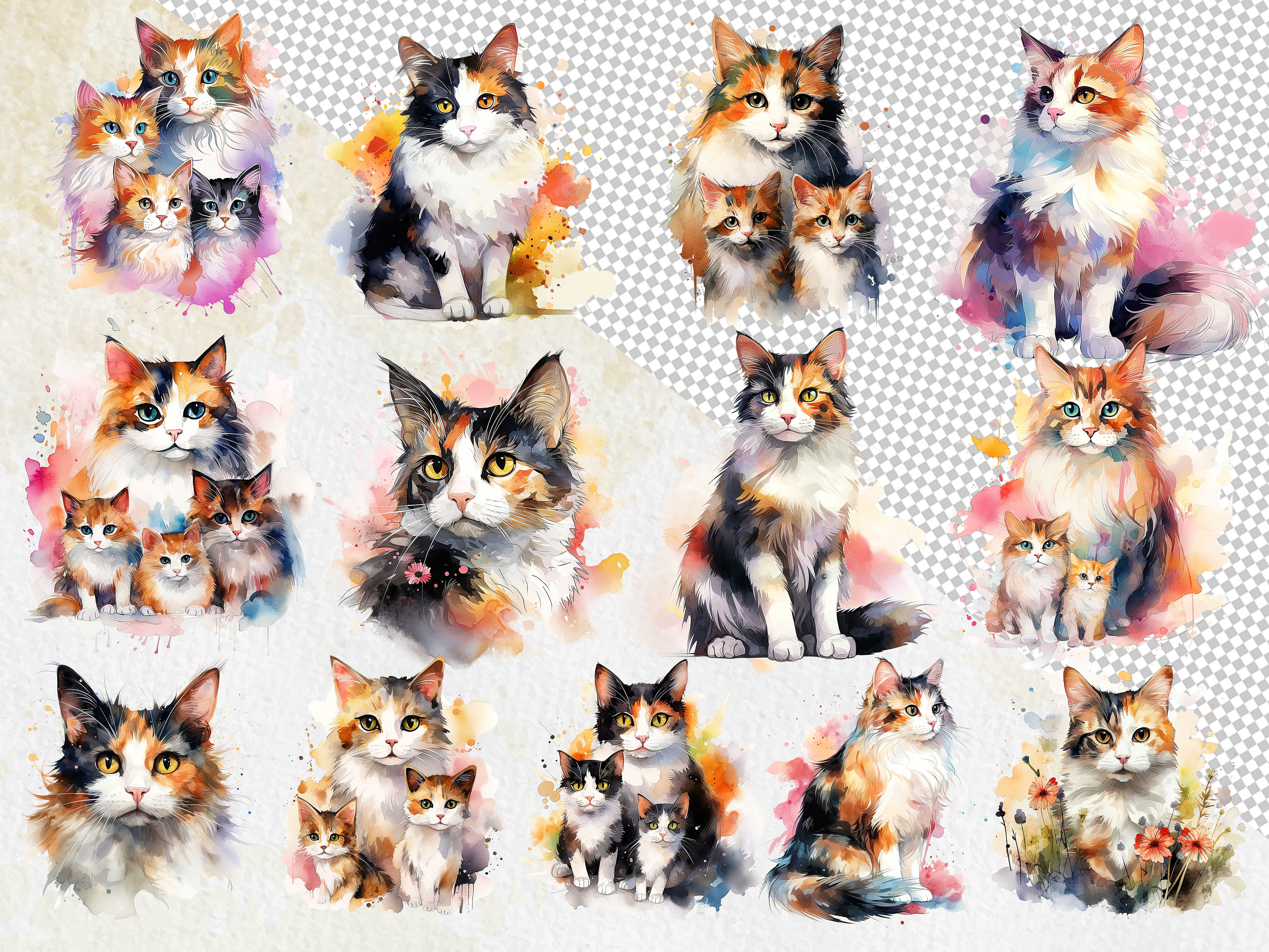 Watercolor Calico Cat Clipart Bundle 100 Png's, Animal Clipart, Cat ...
