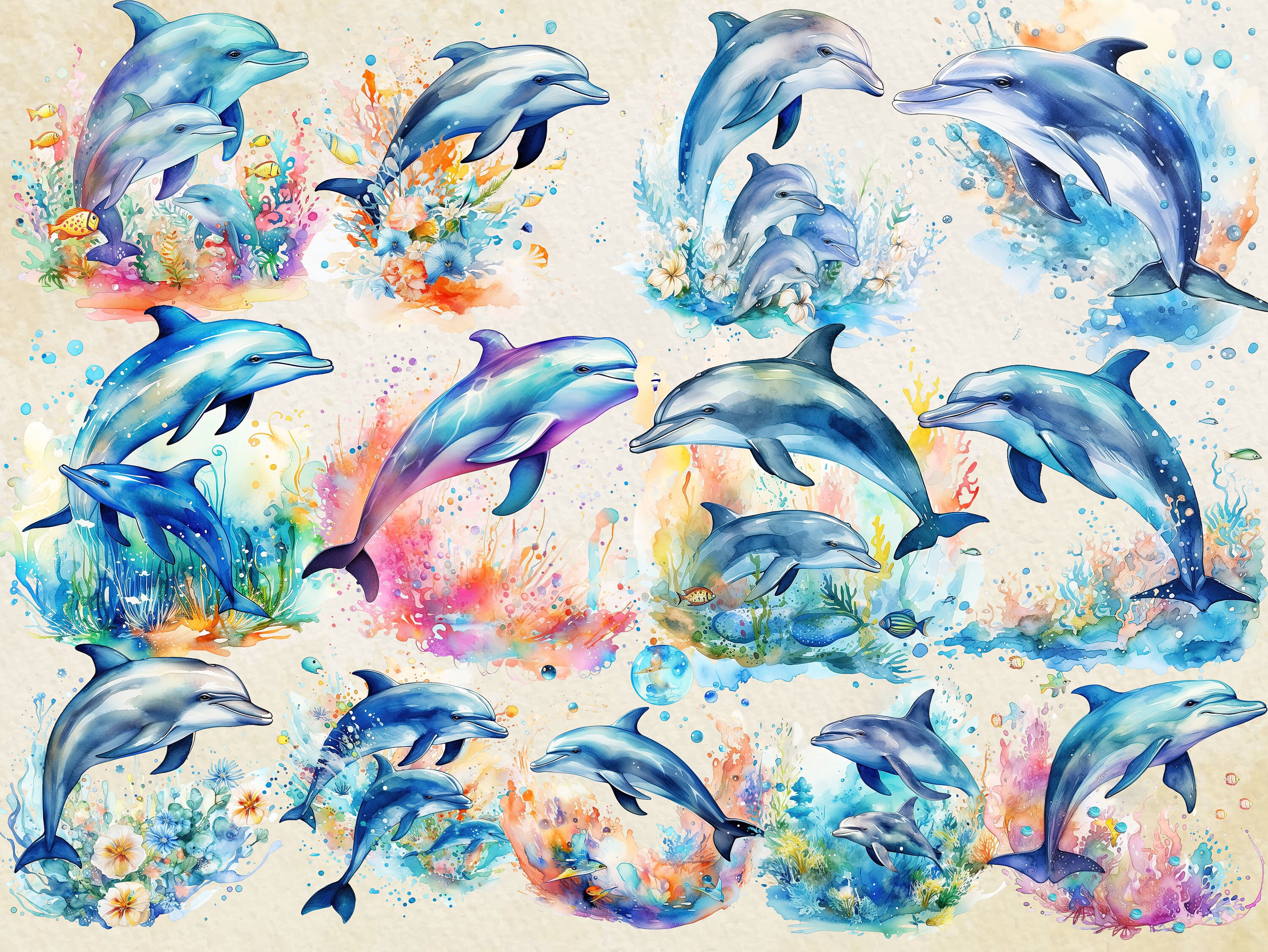 Watercolor Dolphin Clipart Bundle 101 Png's, Magical Enchanting Dolphin ...