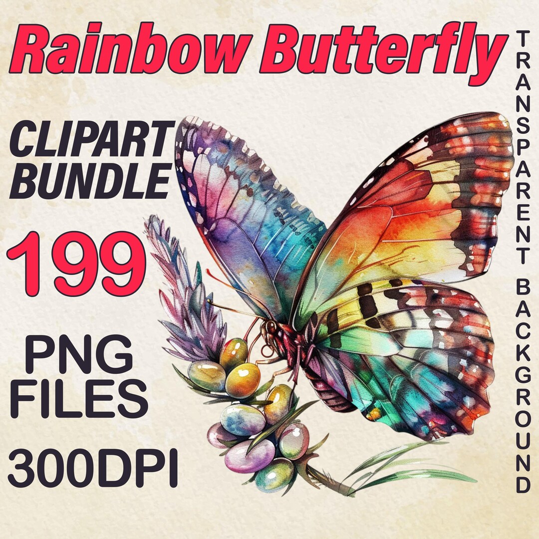 Watercolor Rainbow Butterfly Clipart Bundle 199 Png's, Beautiful ...