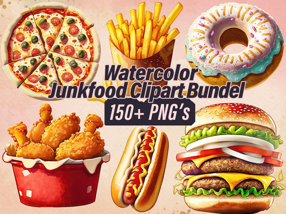 Watercolor Junk Food Clipart Bundel 150transparent PNG Digital Image ...