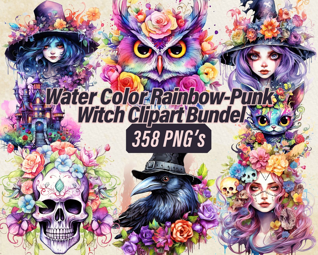 Watercolor Rainbow-punk Witch Clipart Bundle 357 PNG Fairytale Images ...