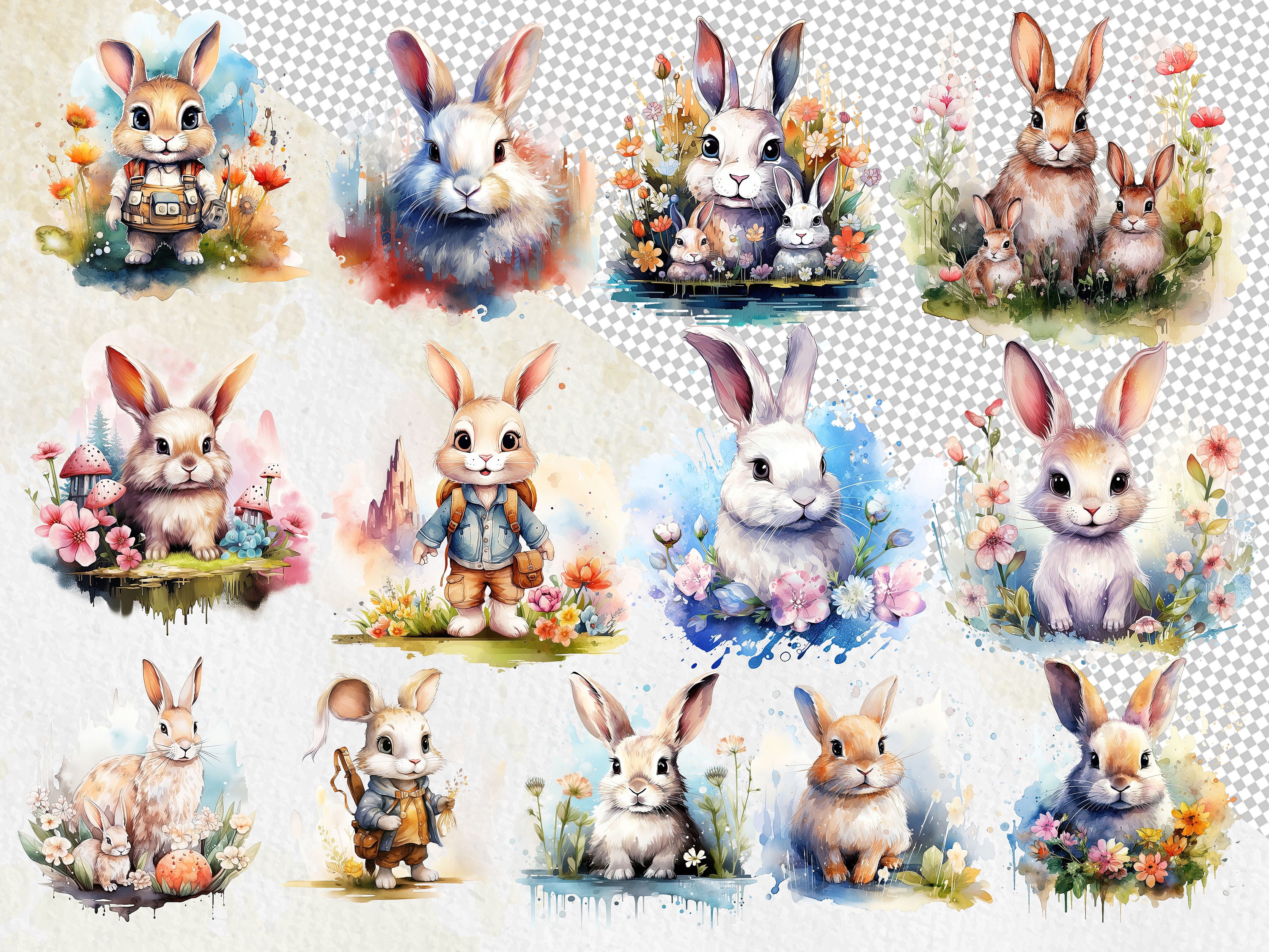 Watercolor Bunny Clipart Bundle 100 Png's, Adorable Rabbits, Cute Bunny ...