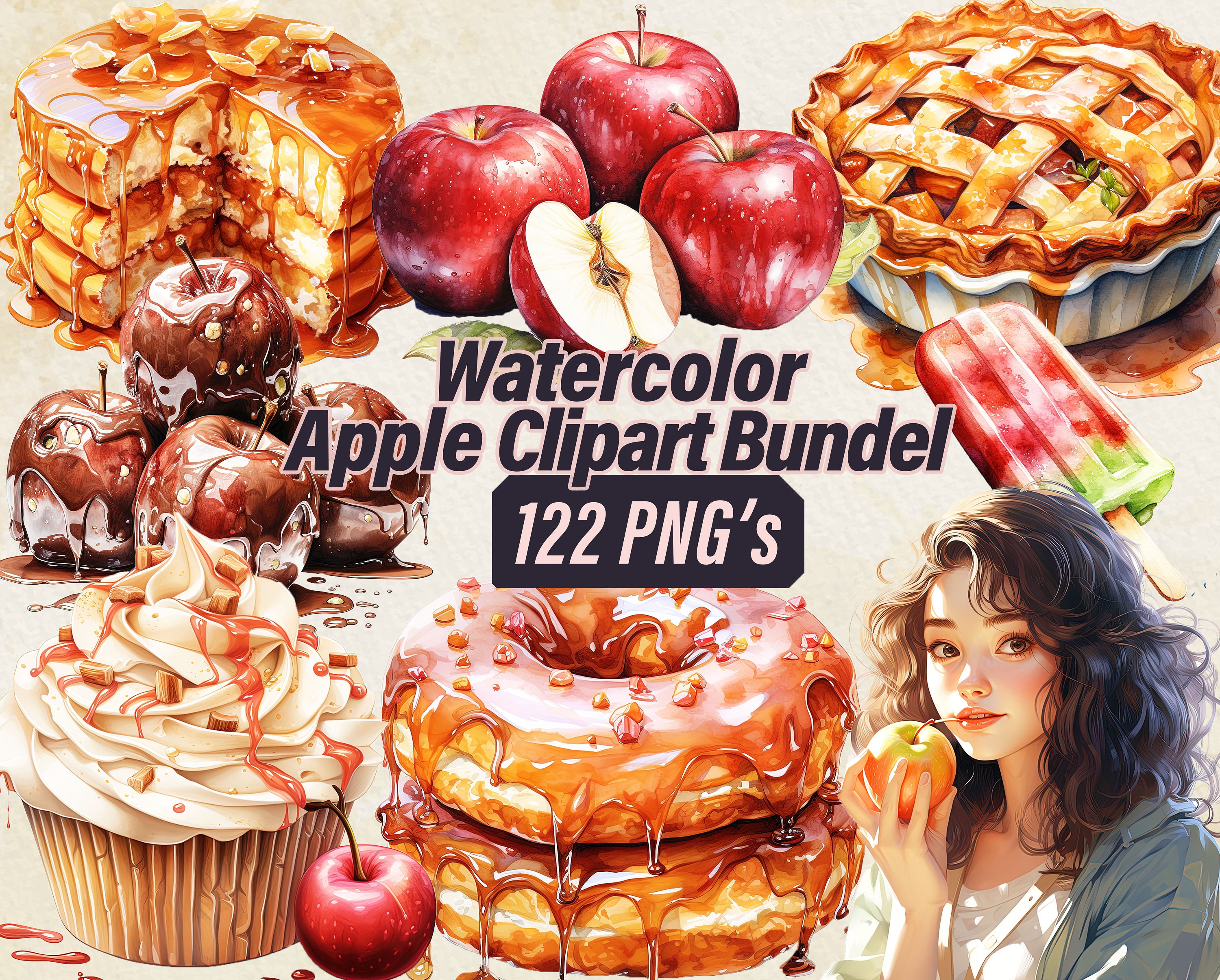 Watercolor Apple Clipart Bundle 122 Png's Refreshing Summer Apple Sweet ...