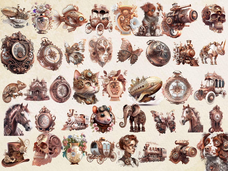 Watercolor Steampunk Clipart Bundle - 342 Png's, Vintage Gears ...