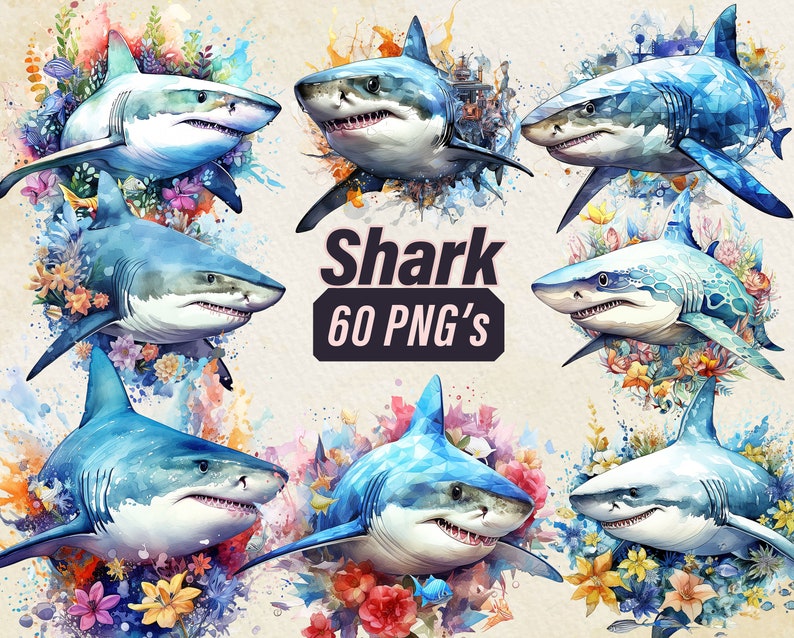 Watercolor Shark Clipart Bundle 60 Png's Oceanic - Etsy
