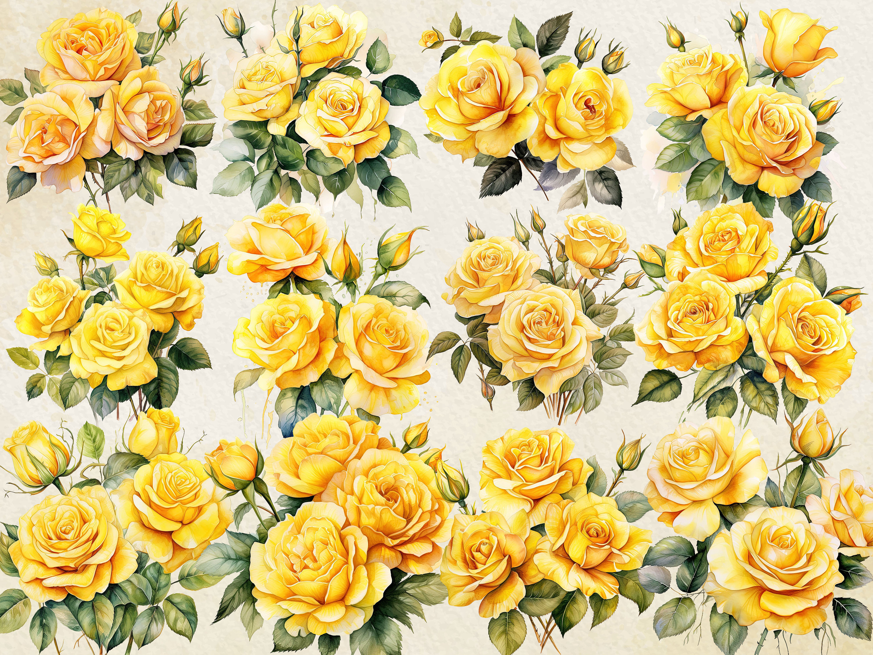 Watercolor Yellow Roses Clipart Bundle 90 Png's, Beautiful Floral ...