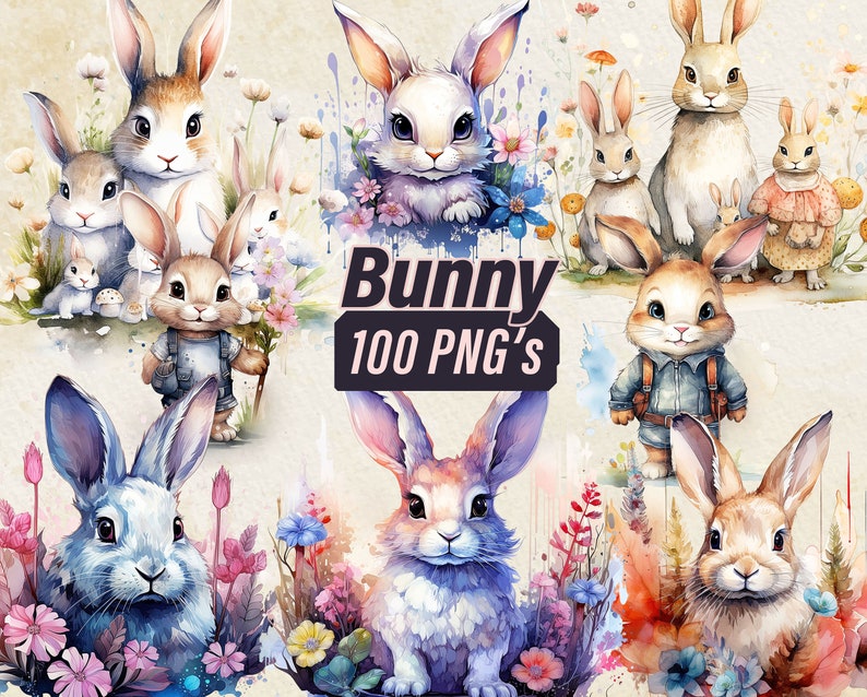 Watercolor Bunny Clipart Bundle 100 Png's, Adorable Rabbits, Cute Bunny ...