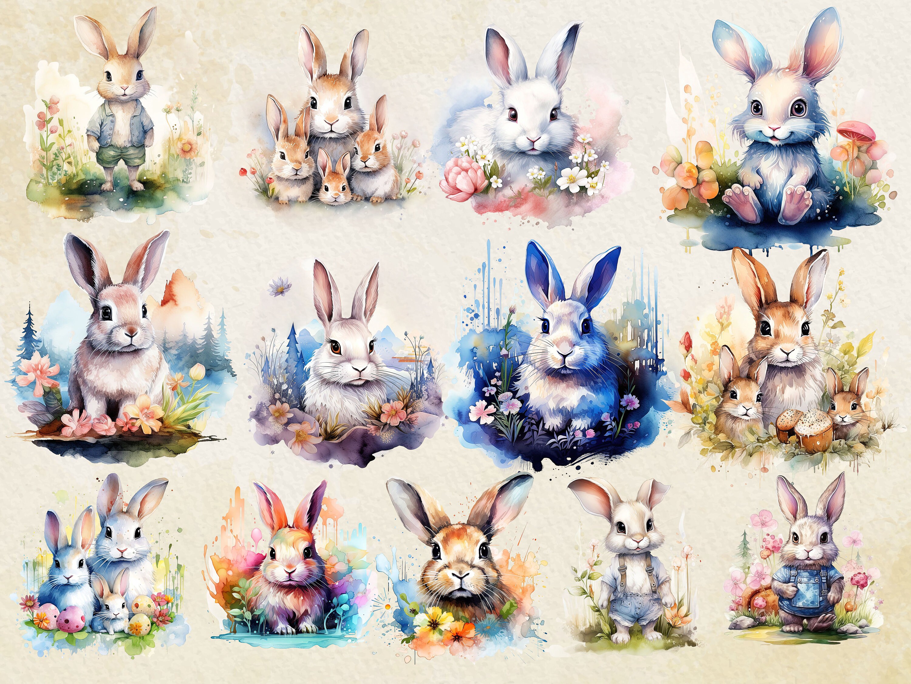 Watercolor Bunny Clipart Bundle 100 Png's, Adorable Rabbits, Cute Bunny ...