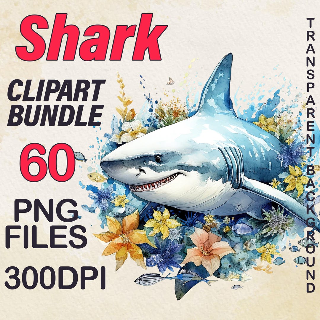 Watercolor Shark Clipart Bundle - 60 Png's, Oceanic Graphics, Marine ...