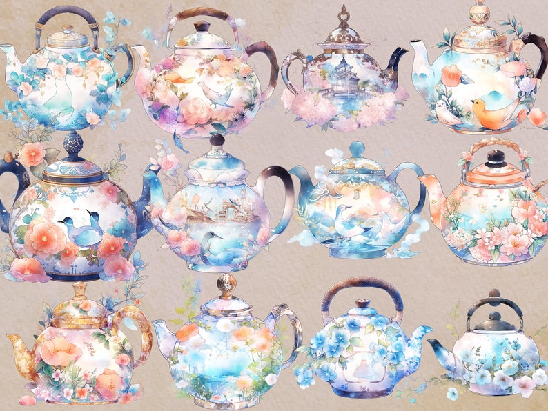 Watercolor Tea Party Clipart Bundle - 67 Png's ,floral Vintage Teacups ...