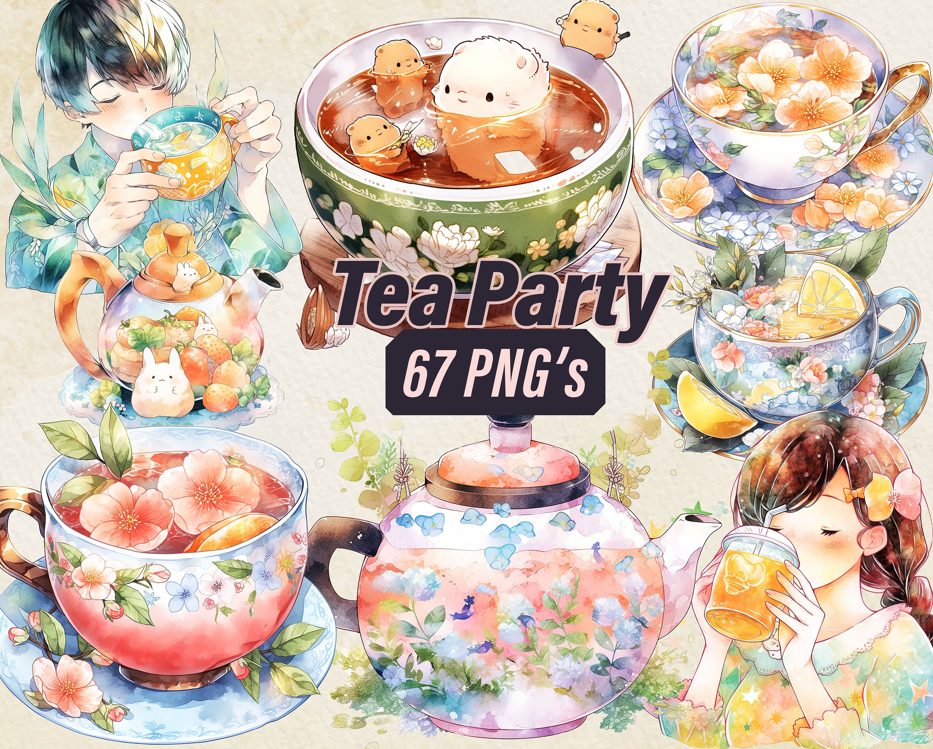 Watercolor Tea Party Clipart Bundle 67 Png's ,floral Vintage Teacups ...