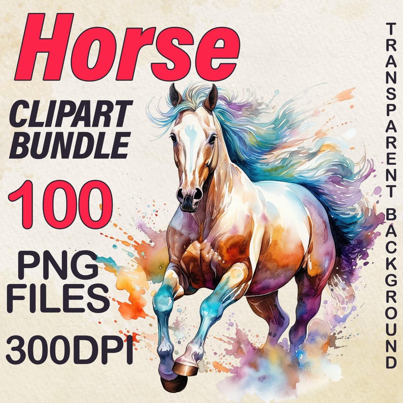 Horse Clipart Bundle - 100 Png's Majestic Stallions, Watercolor Pngs ...