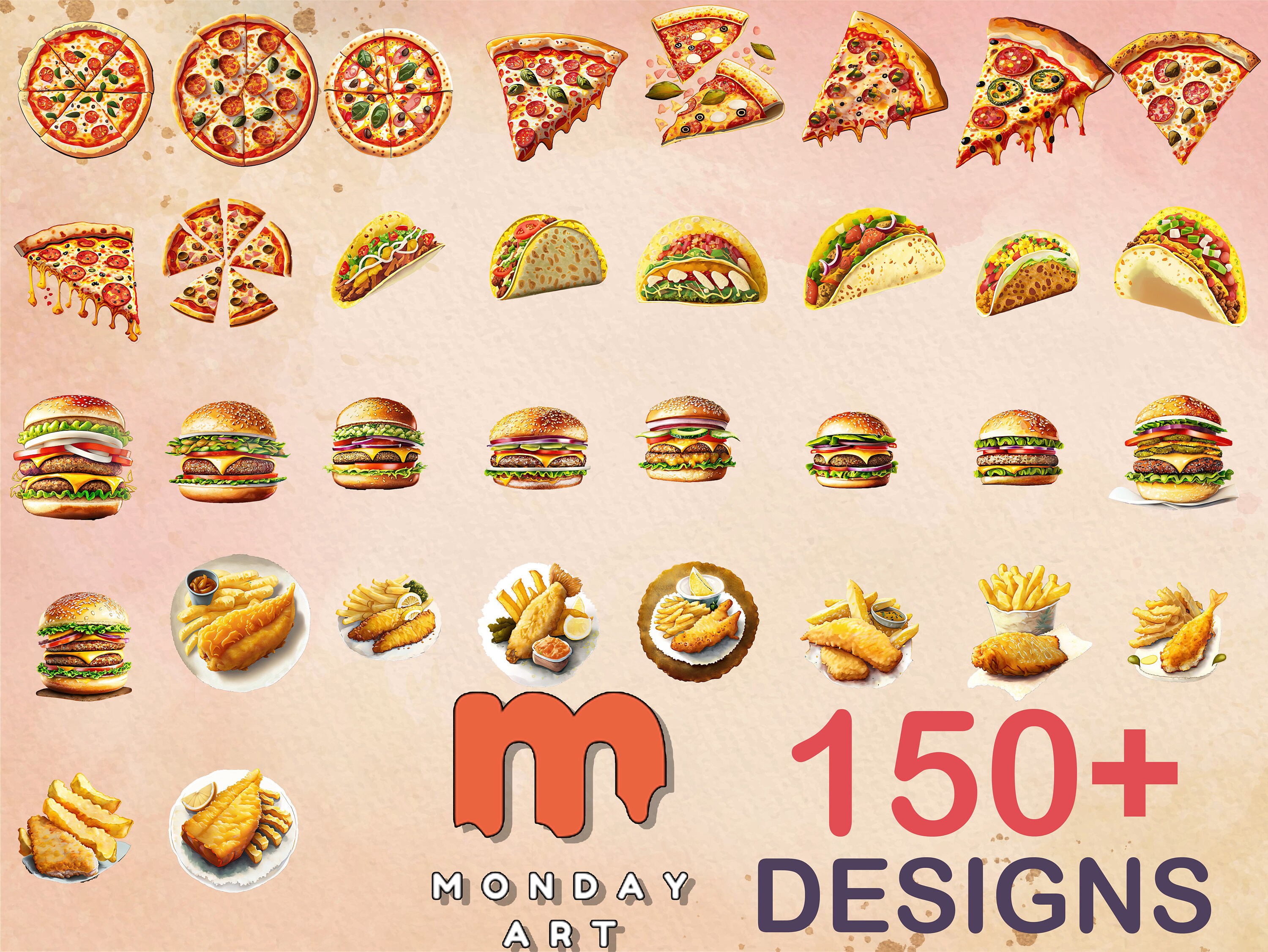 Watercolor Junk Food Clipart Bundel 150transparent PNG Digital Image ...