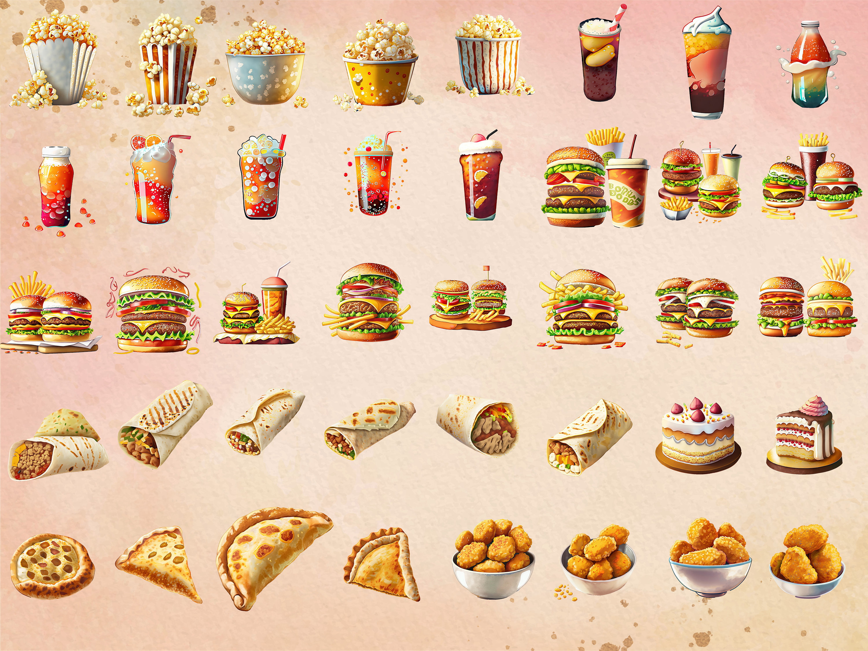 Watercolor Junk Food Clipart Bundel 150transparent PNG Digital Image ...