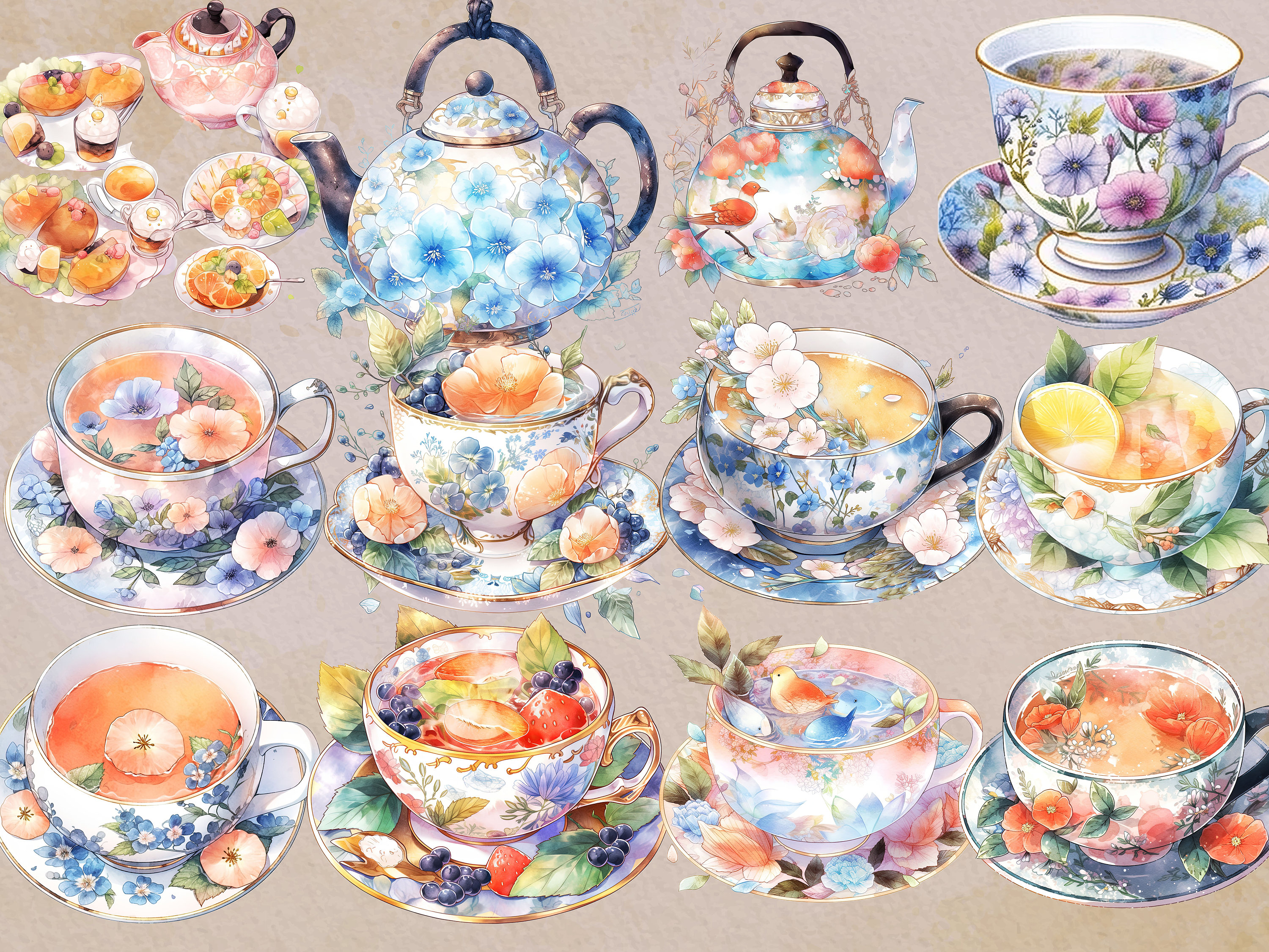 Watercolor Tea Party Clipart Bundle - 67 Png's ,floral Vintage Teacups ...
