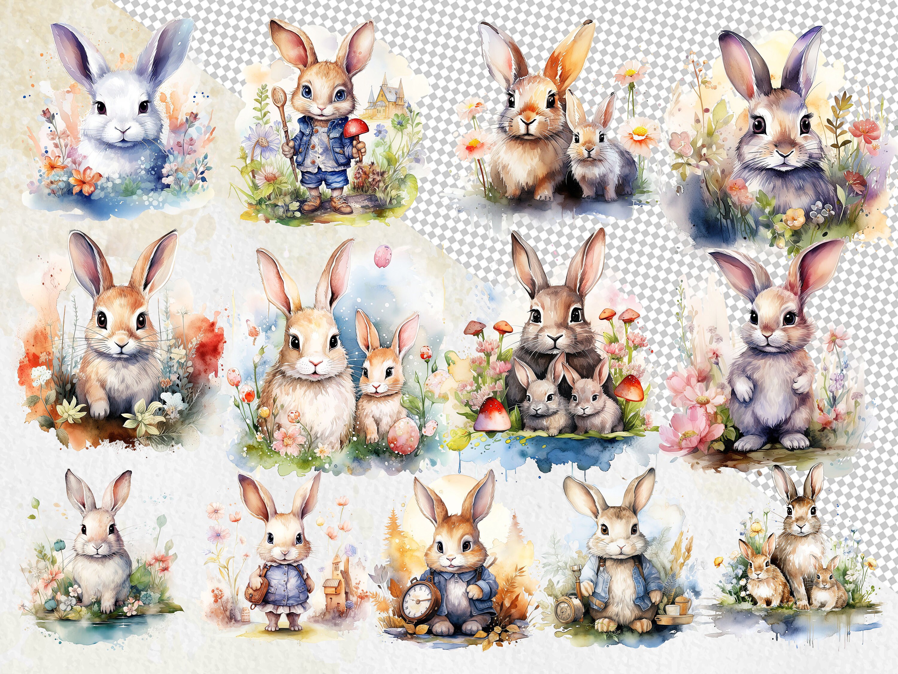 Watercolor Bunny Clipart Bundle 100 Png's, Adorable Rabbits, Cute Bunny ...