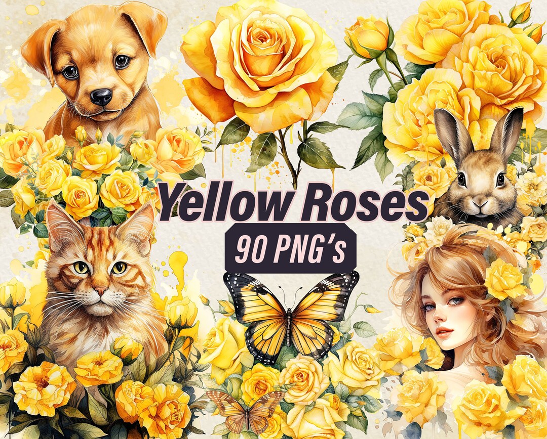 Watercolor Yellow Roses Clipart Bundle 90 Png's, Beautiful Floral ...