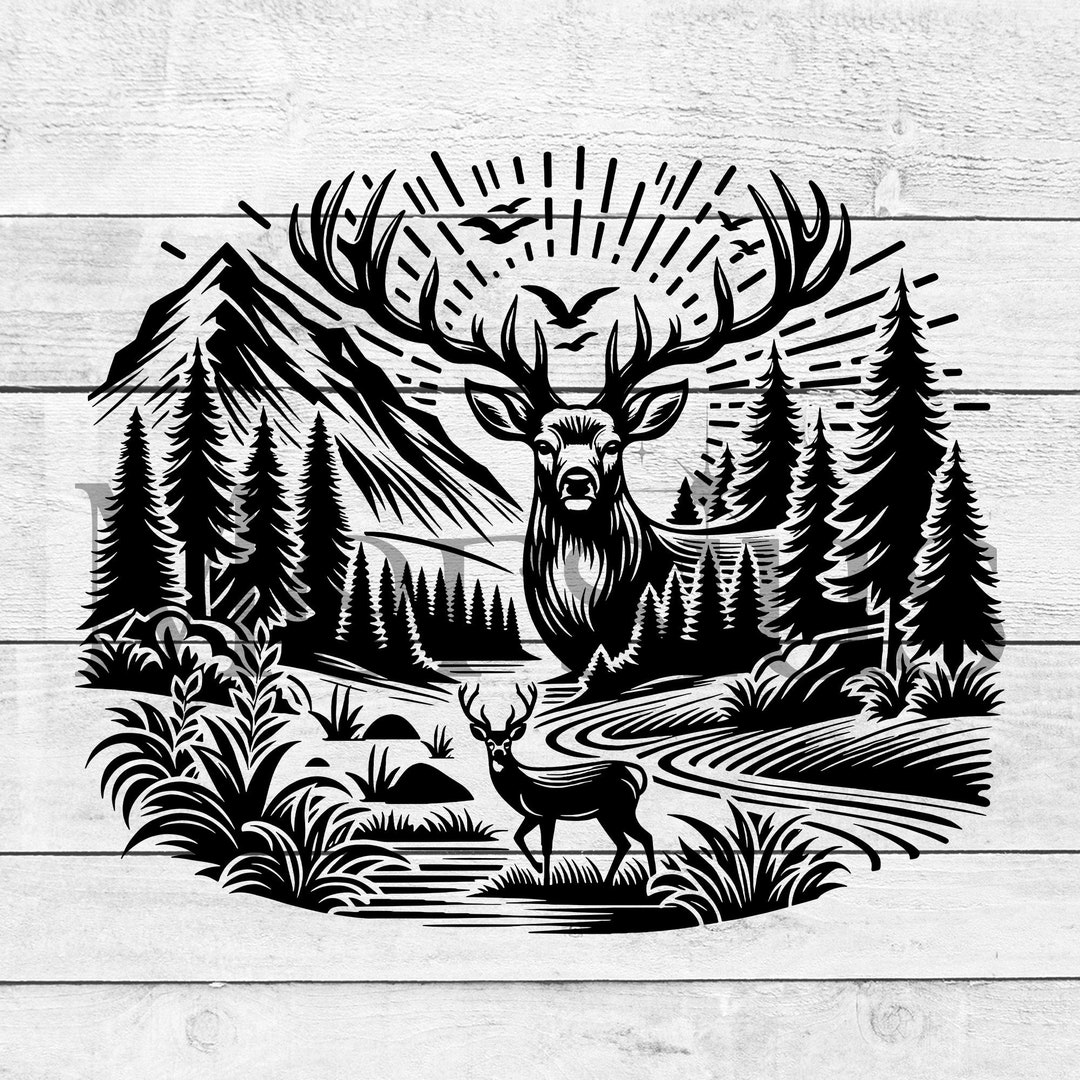 Deer Outdoors Scene Svg, Deer Mountains Scene Svg, Outdoors Scene Svg ...