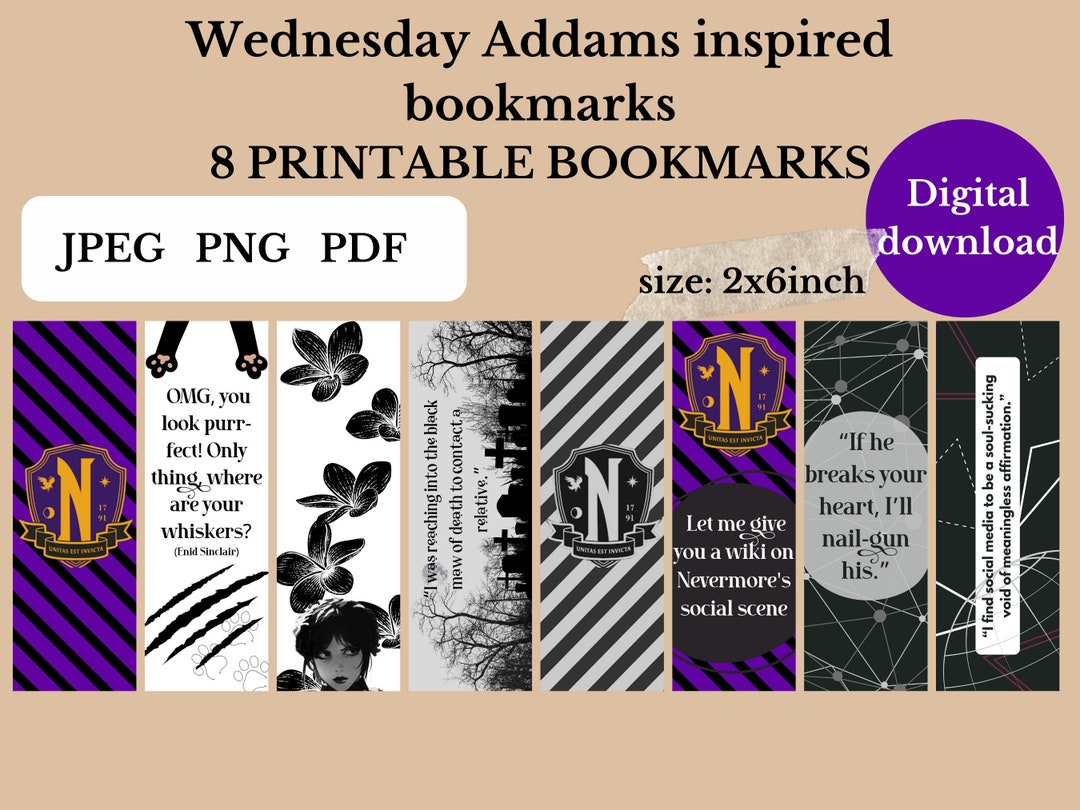 Bookmarks Wednesday Addams, Nevermore Academy Bookmarks, Digital ...