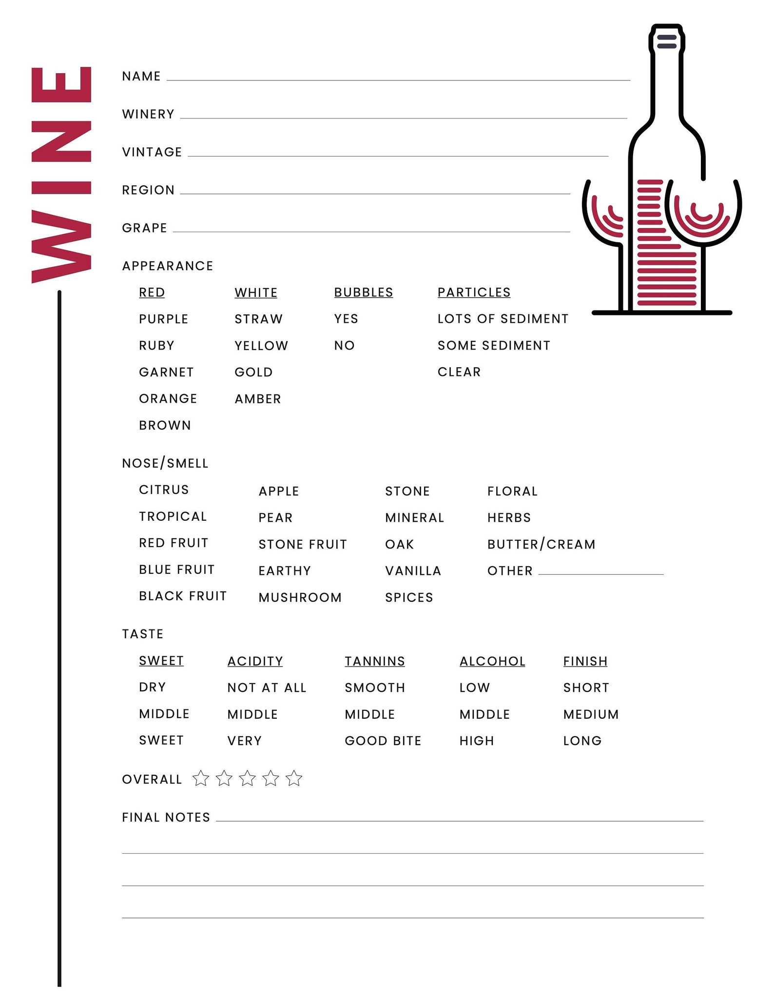 Printable Wine Journal Template Tasting Notes Winery Notes - Etsy