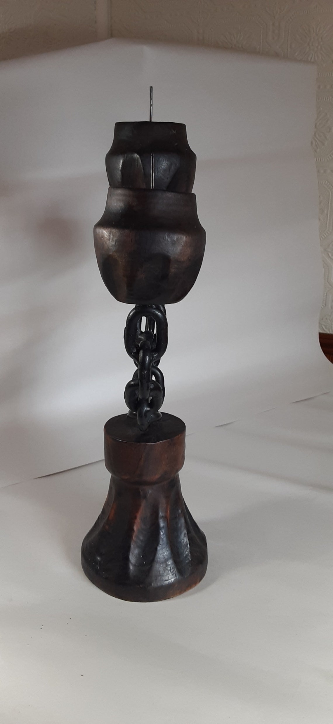 Vintage Dramatic Wood and Heavy Metal Chain Candle Holder, Candelabra ...