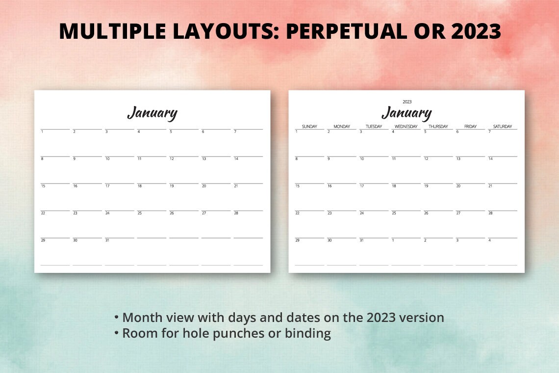 Multiple Layout Yearly Calendar, Perpetual Yearly Calendar, 2023 Yearly ...