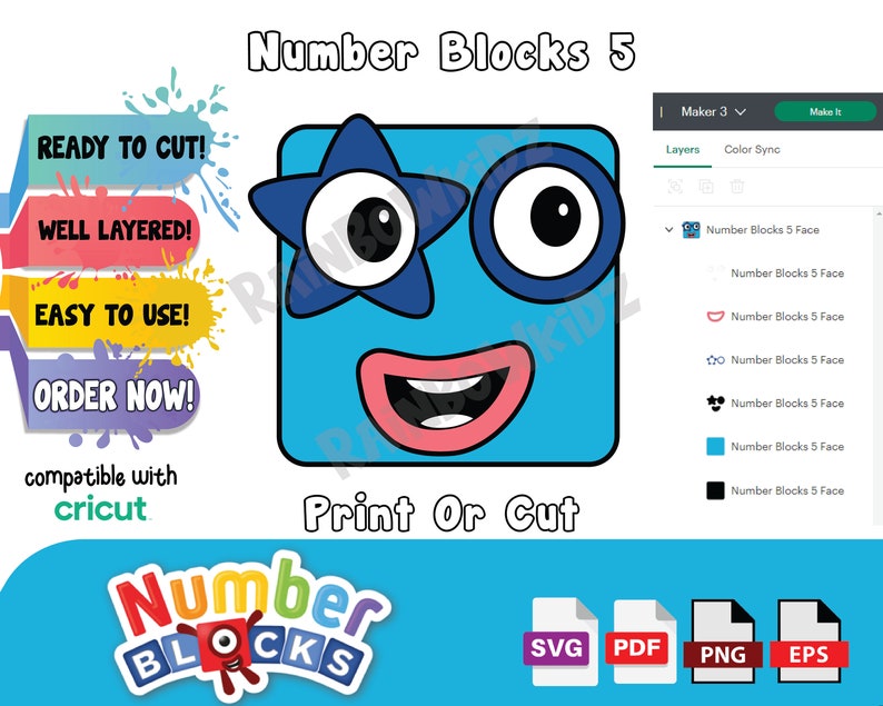 Number Blocks 5 SVG, Print or Cut,cut Ready Number Blocks 5 Face SVG ...