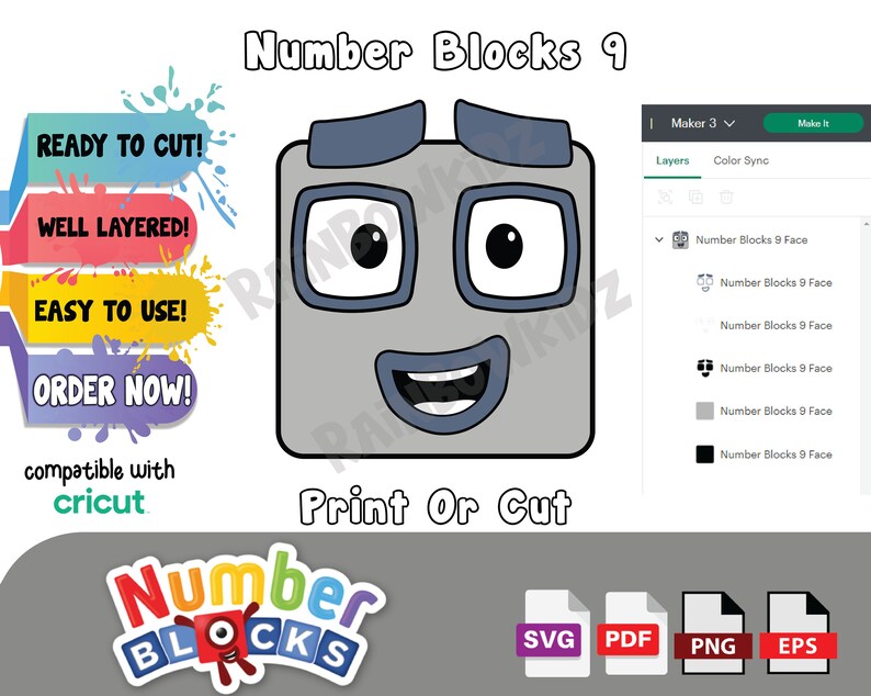 Number Blocks 9 SVG, Print or Cut,cut Ready Number Blocks 9 Face SVG ...