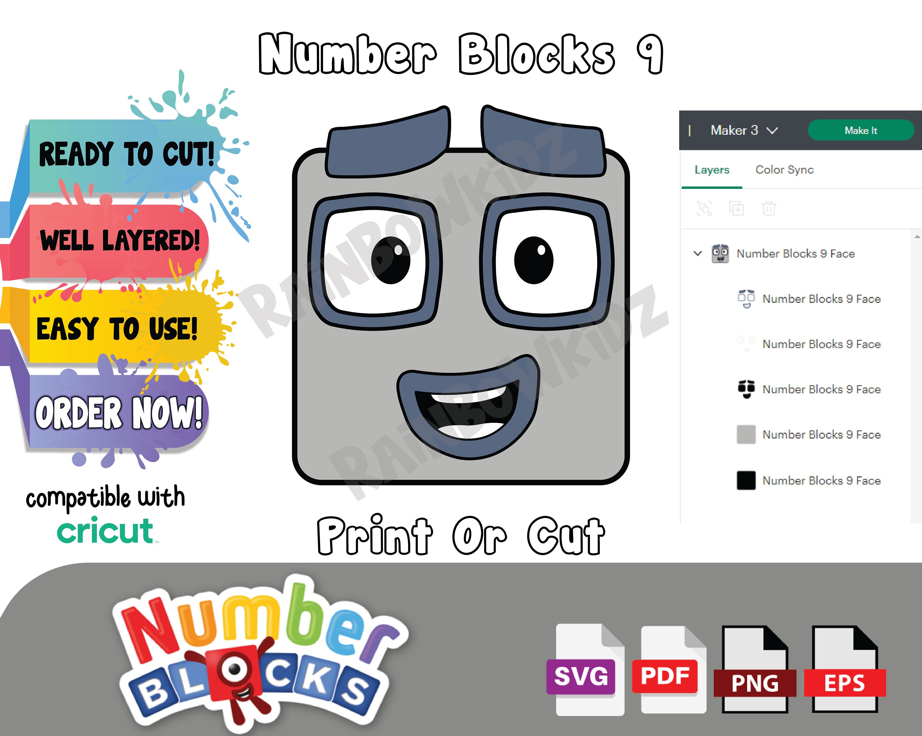 Number Blocks 9 SVG, Print or Cut,cut Ready Number Blocks 9 Face SVG ...