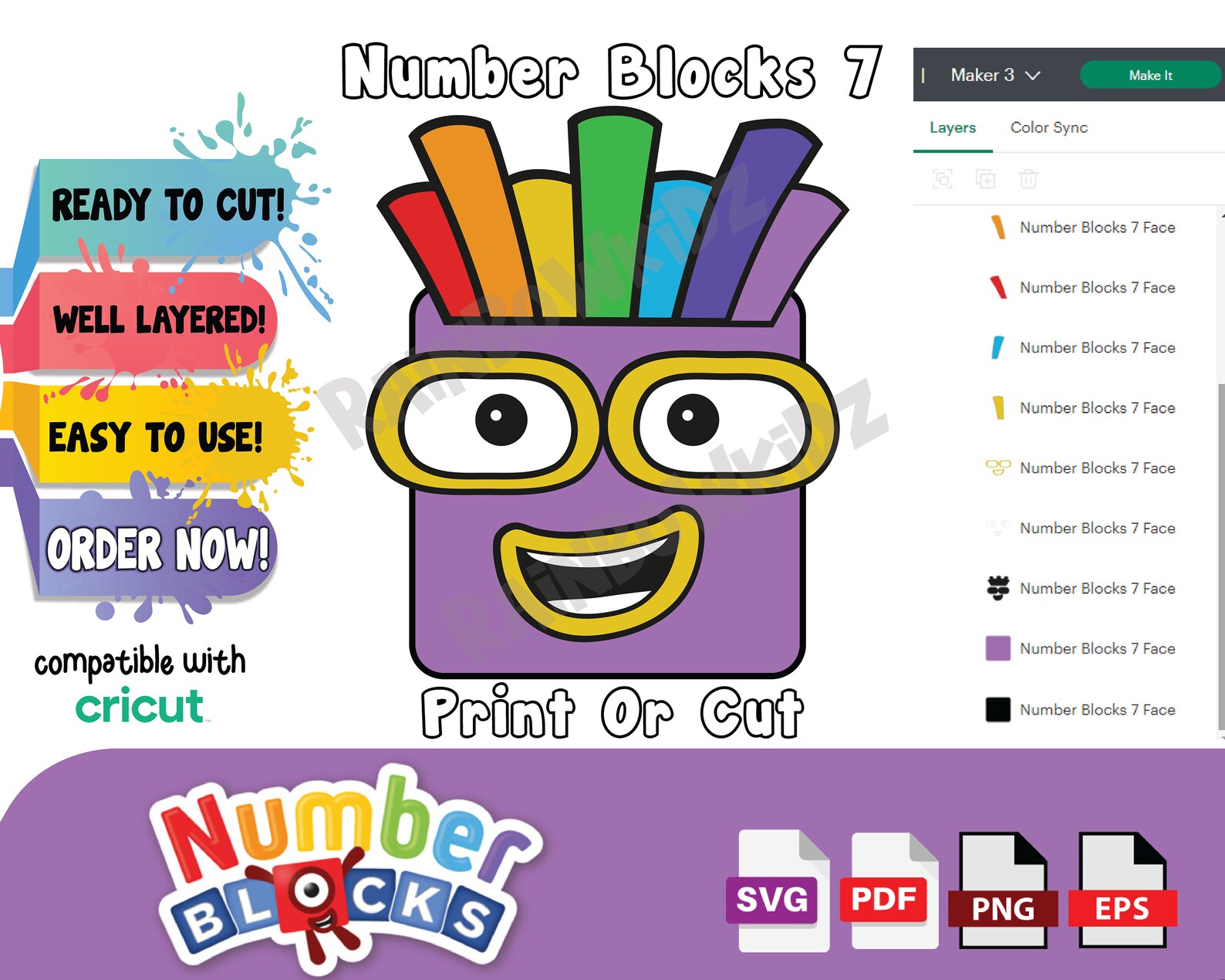 Number Blocks 7 SVG, Print or Cut,cut Ready Number Blocks 7 Face SVG ...