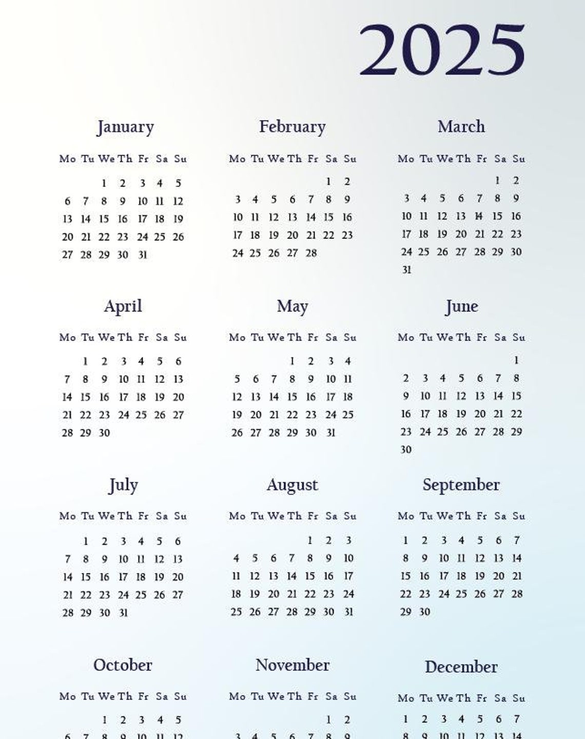 Aesthetic Minimalist Blue Yearly Calender 2025 - Etsy