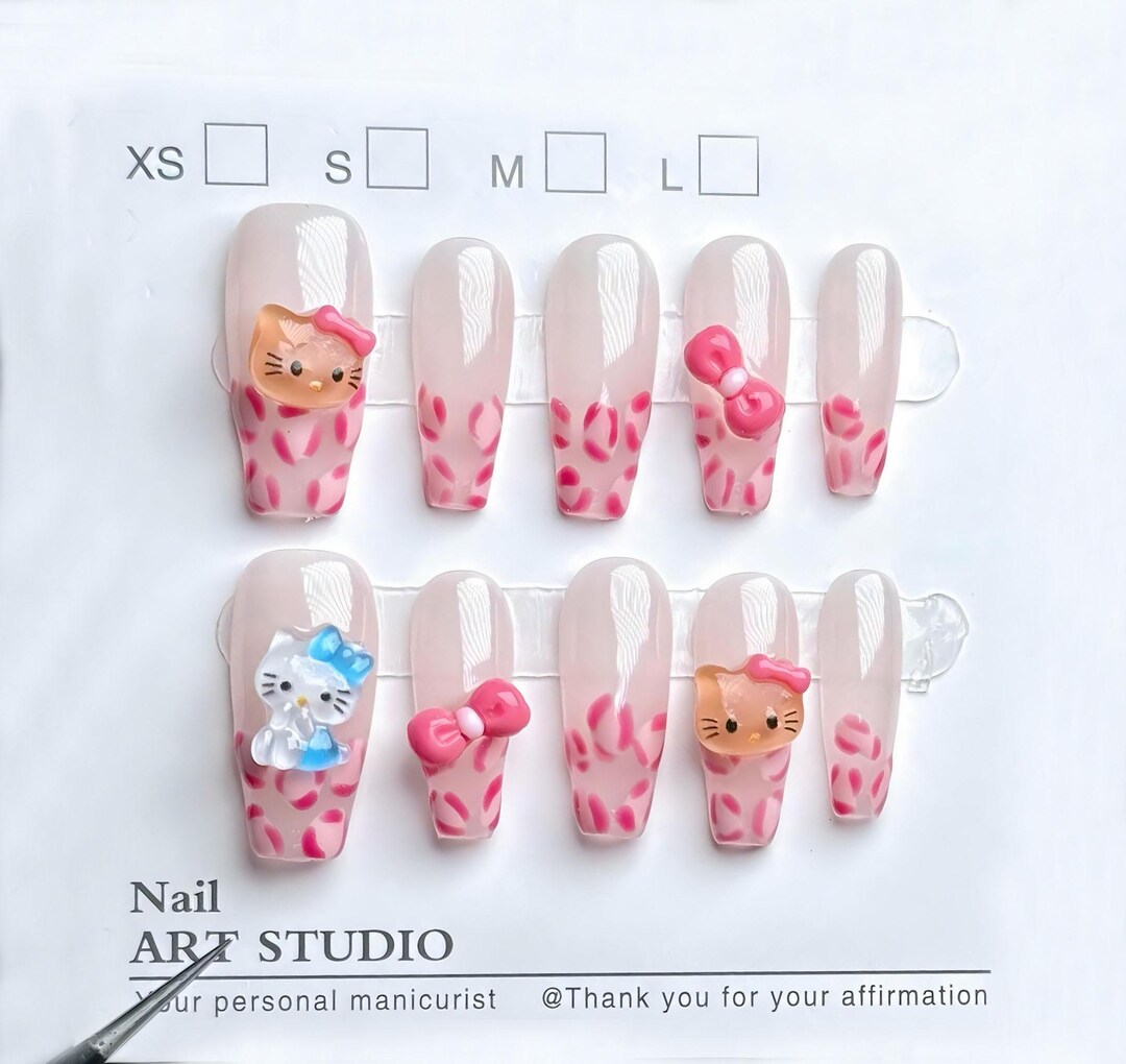 Pink Leopard Cat Long Coffin Nail Art, Cute Kitten Decoration ...
