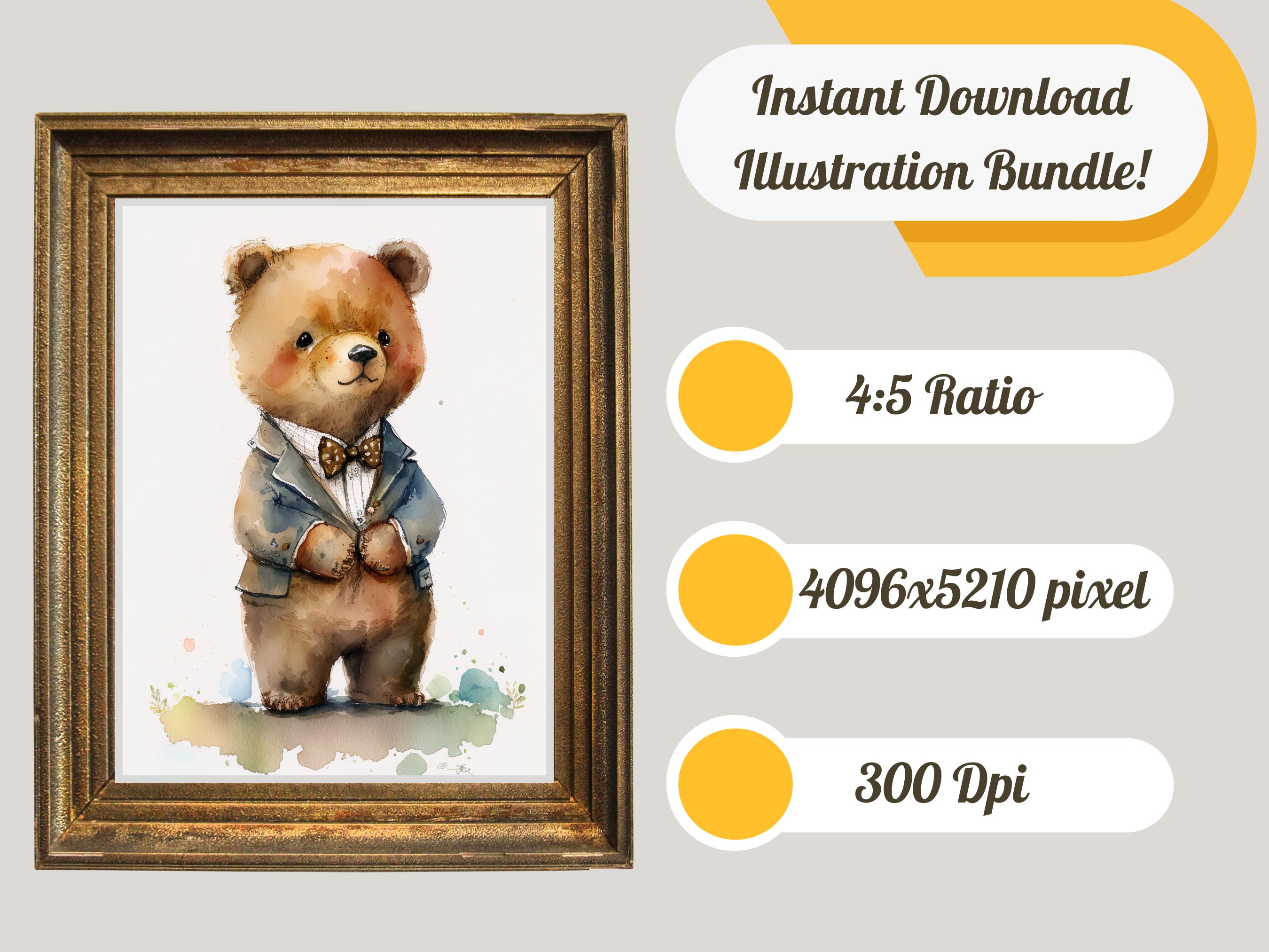 Little Bear Art Illustration Bundle, Watercolor Clip Art, Printable ...