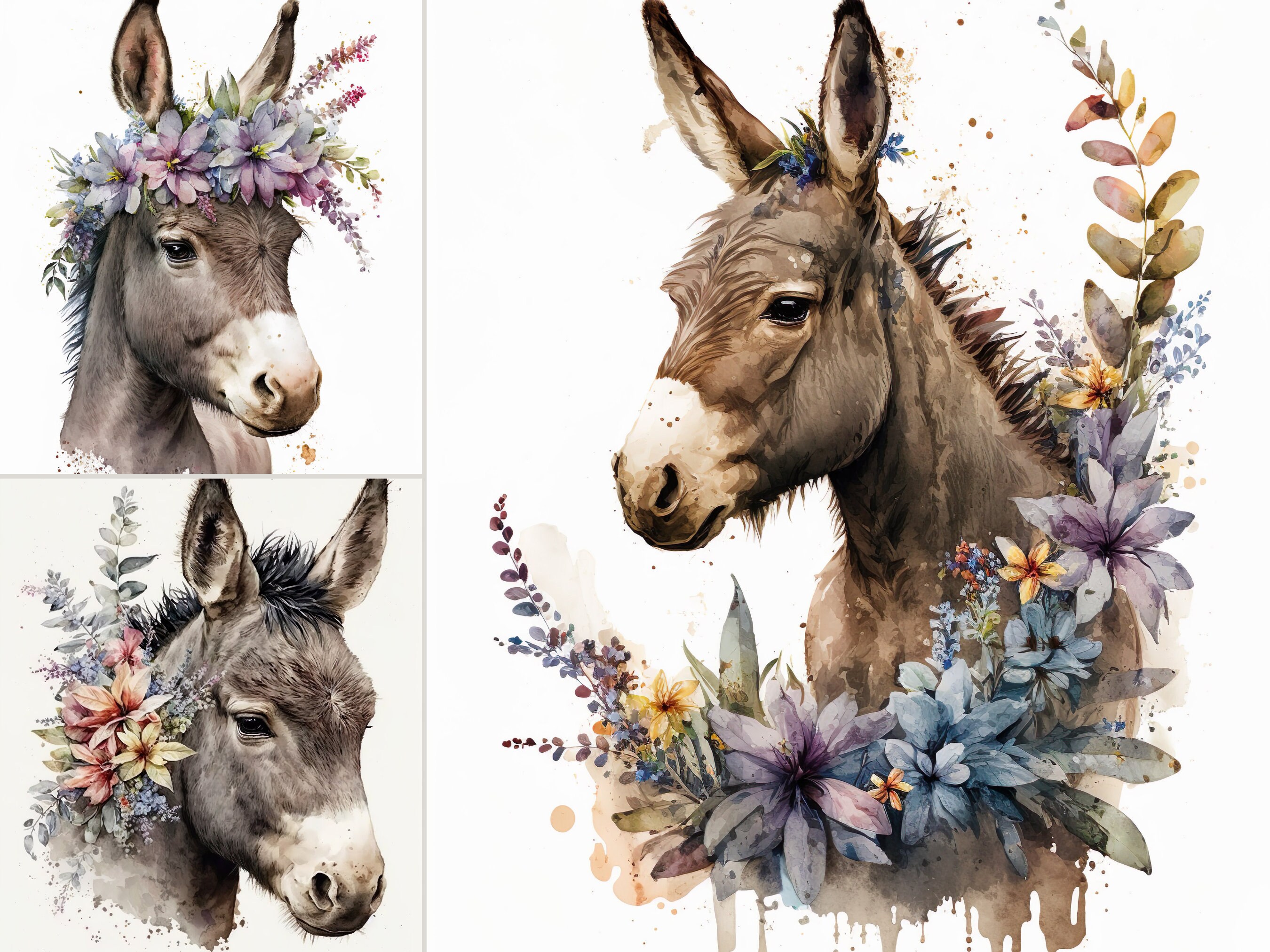 Floral Donkey Illustration Bundle, Watercolor Clip Art, Printable Art ...