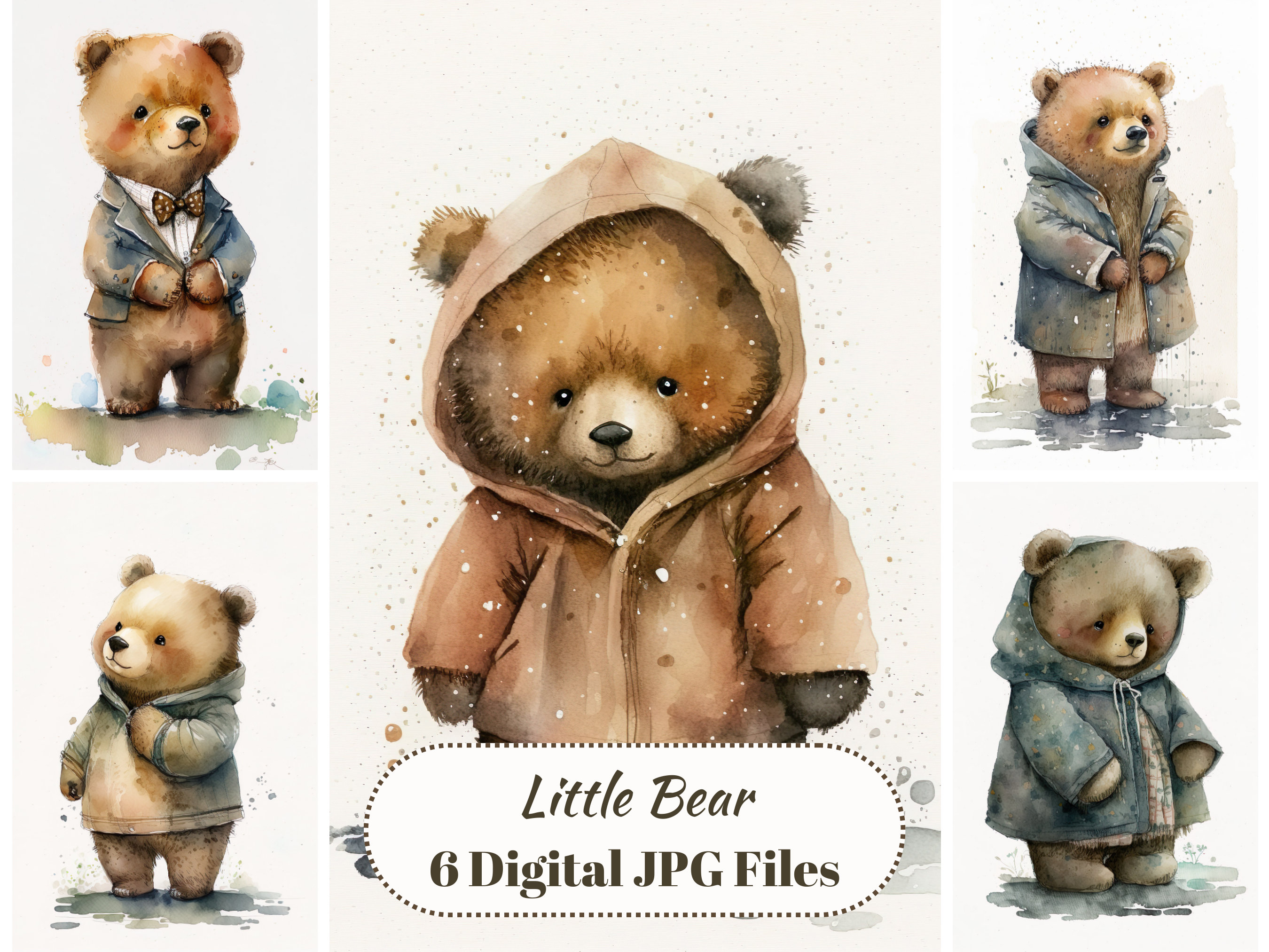 Little Bear Art Illustration Bundle, Watercolor Clip Art, Printable ...