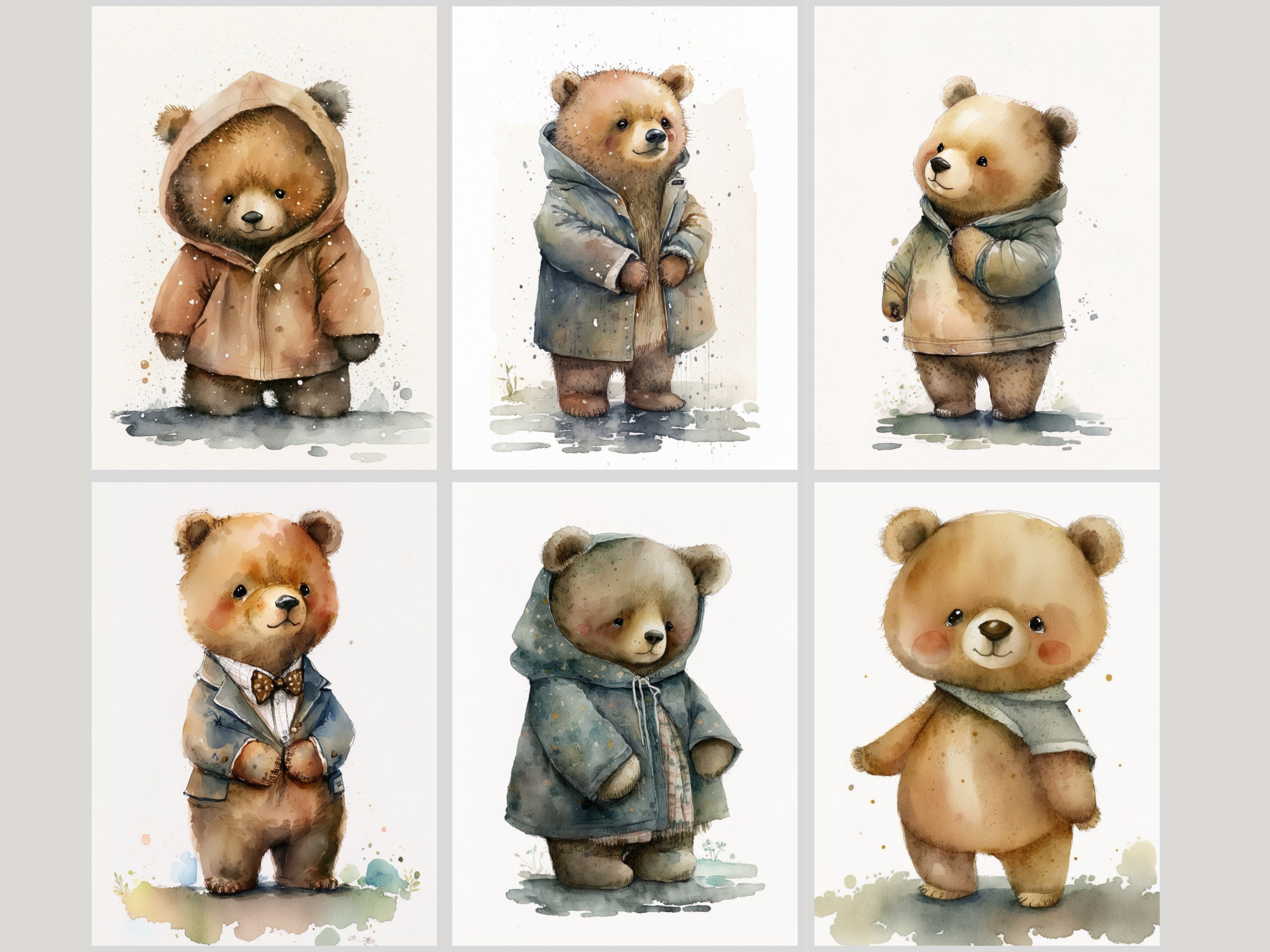 Little Bear Art Illustration Bundle, Watercolor Clip Art, Printable ...