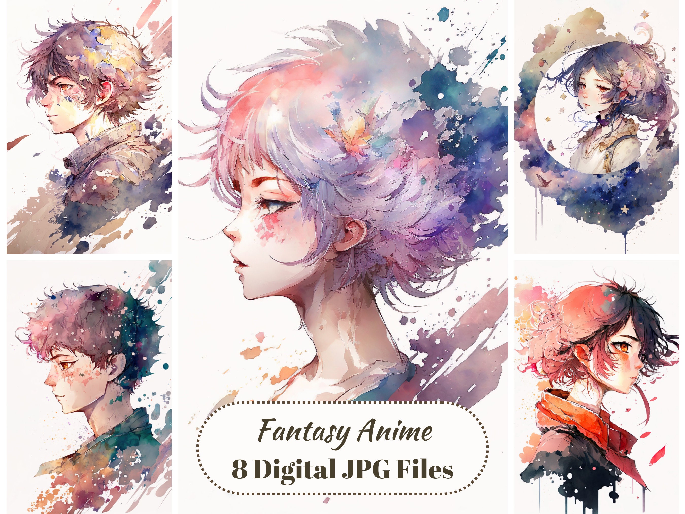 Fantasy Anime Illustrations Watercolor Clip Art Printable Art Digital Paper Card Making 