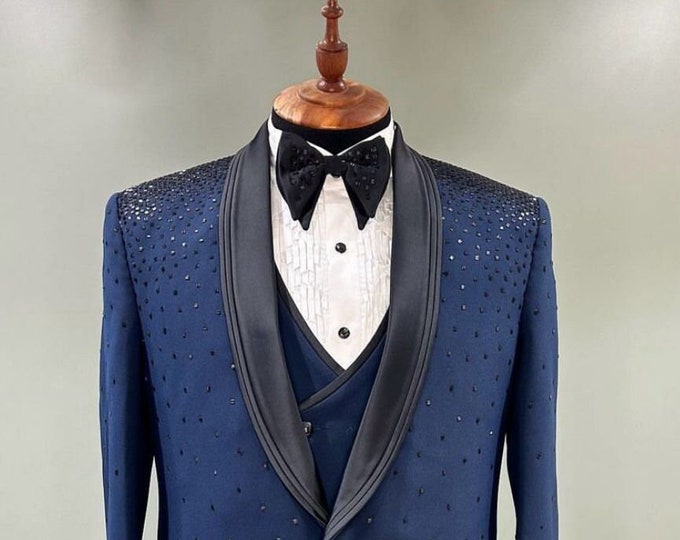 Men Blue Suit - Navy Tuxedo - Wedding Groom Wear - Embroidered Lapel ...