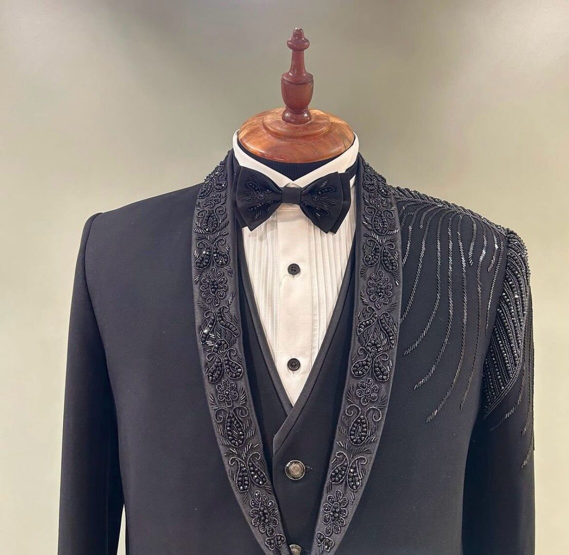 Black Embroidery Jacket Suit - Rhinestone Embellished Blazer - Thread ...