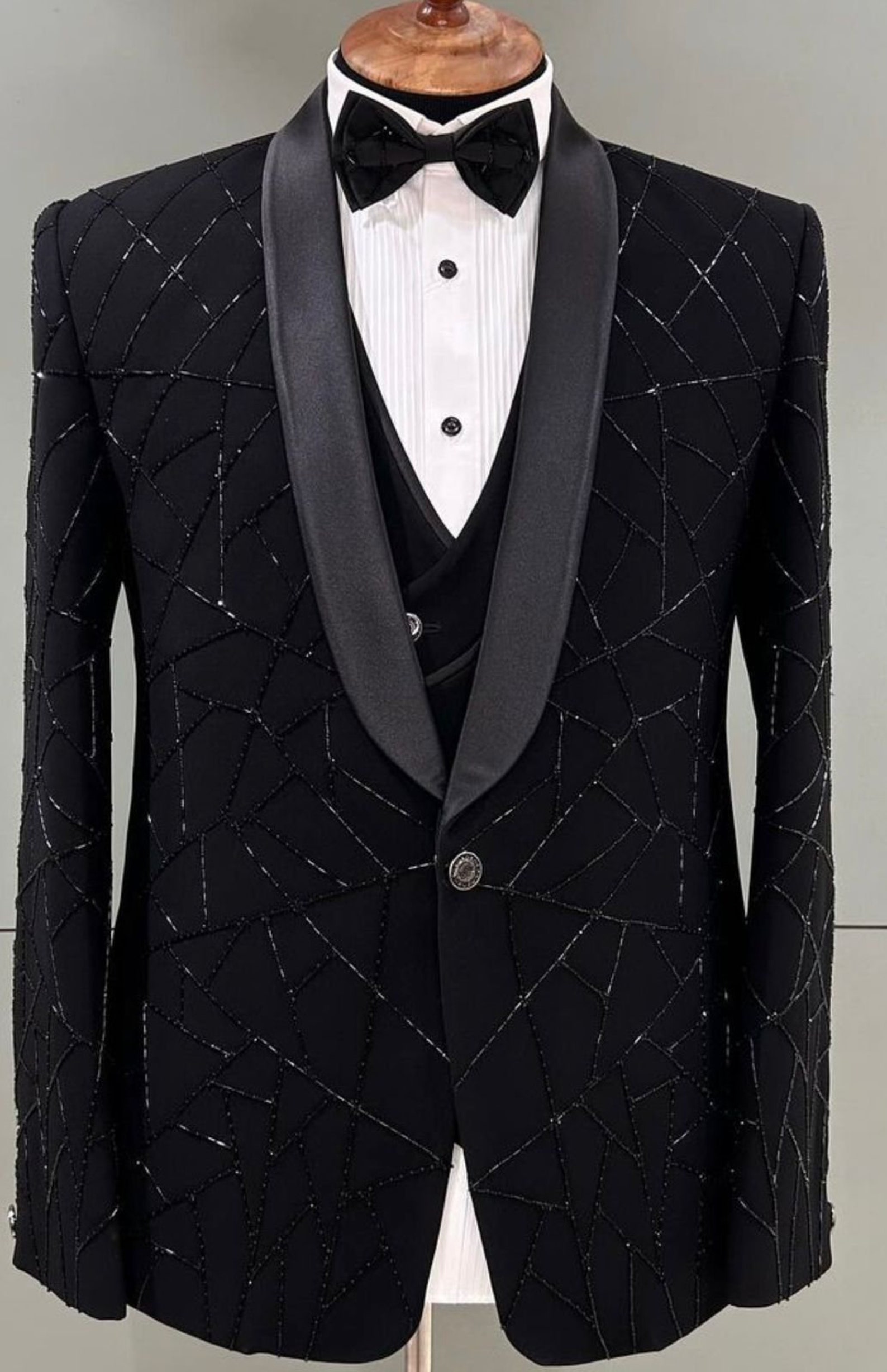 Men Black Rhinestone Jacket Suit - Party Wear Tuxedo - Wedding Groom ...