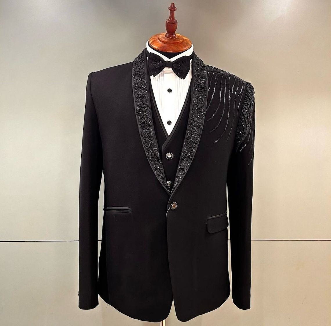 Black Embroidery Jacket Suit - Rhinestone Embellished Blazer - Thread ...